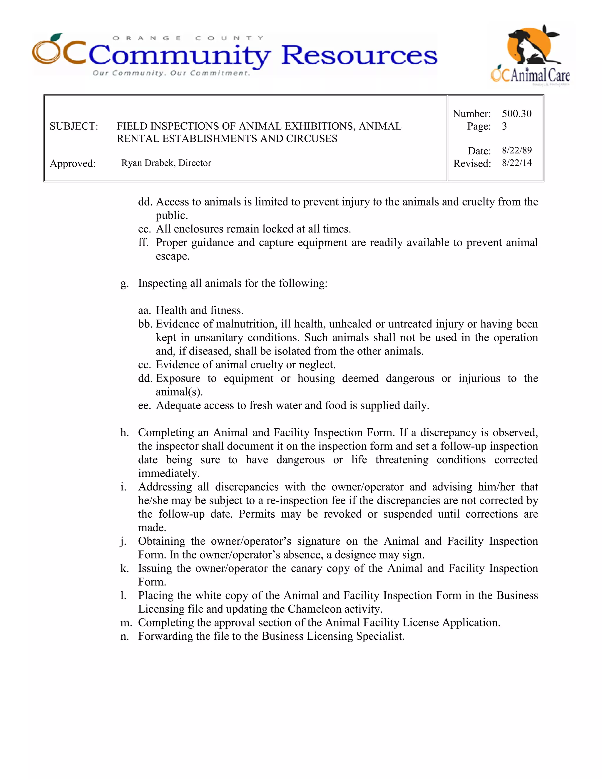 500.30 field inspections of animal exhibitions animal rental ...