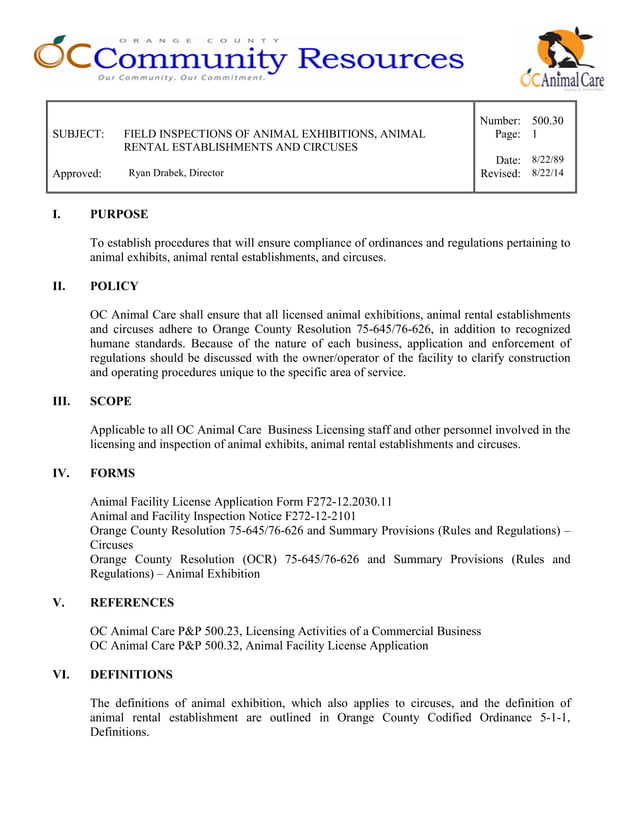 500.30 field inspections of animal exhibitions animal rental ...