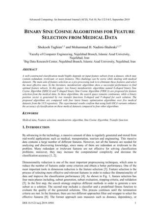 BINARY SINE COSINE ALGORITHMS FOR FEATURE SELECTION FROM MEDICAL DATA | PDF