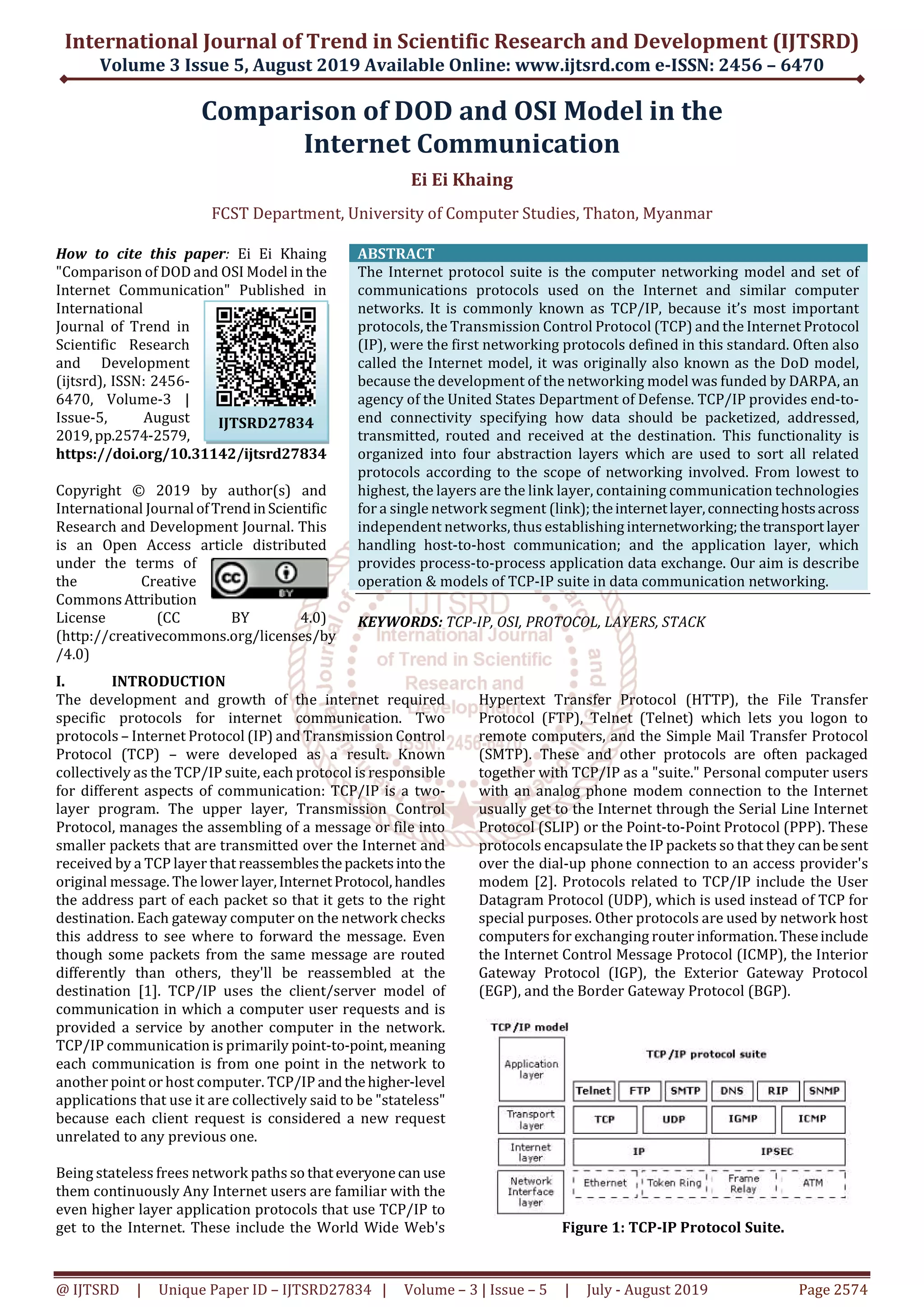 Comparison of DOD and OSI Model in the Internet Communication | PDF