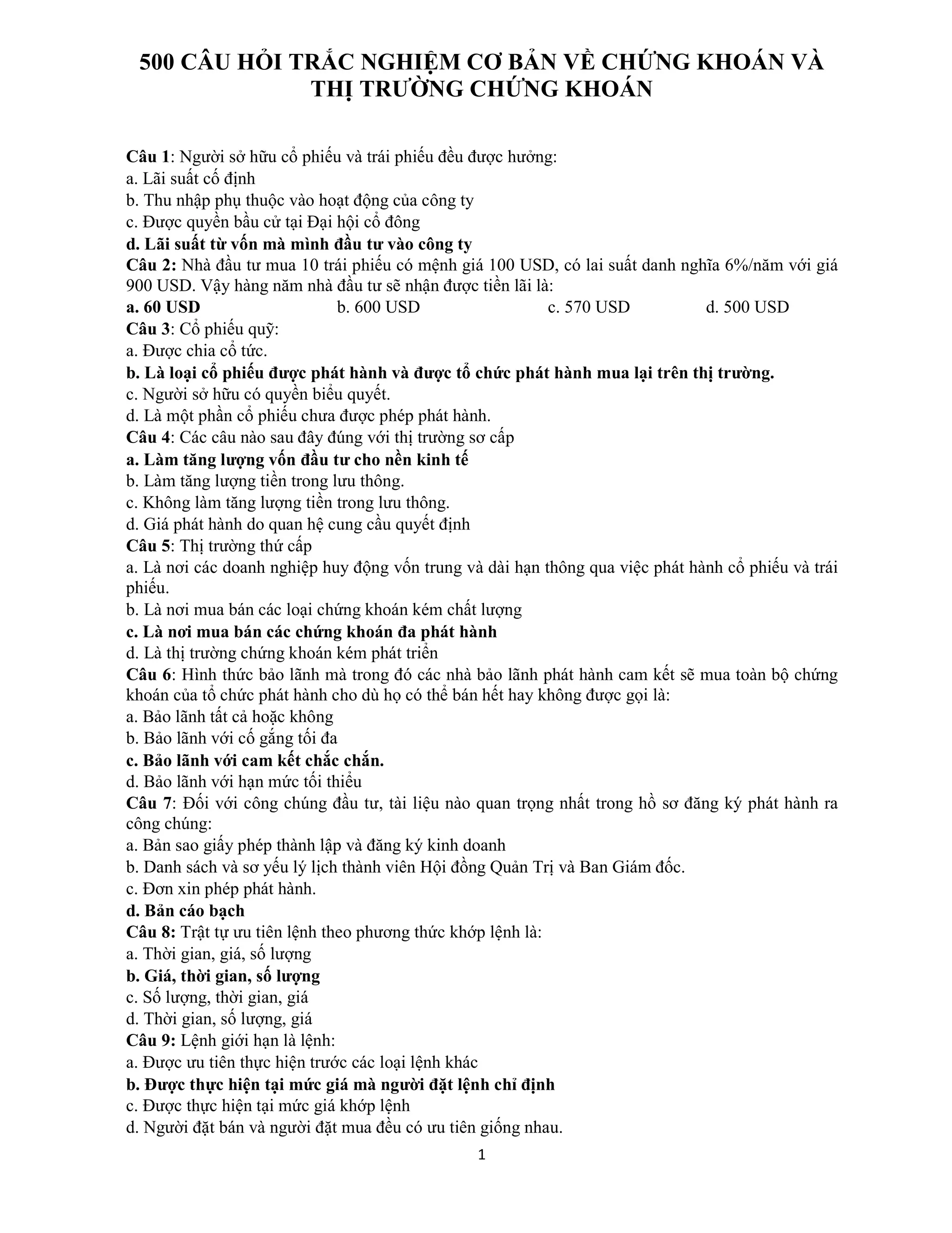 500 câu hỏi trắc nghiệm cơ bản về chứng khoán và thị trường chứng khoán | PDF