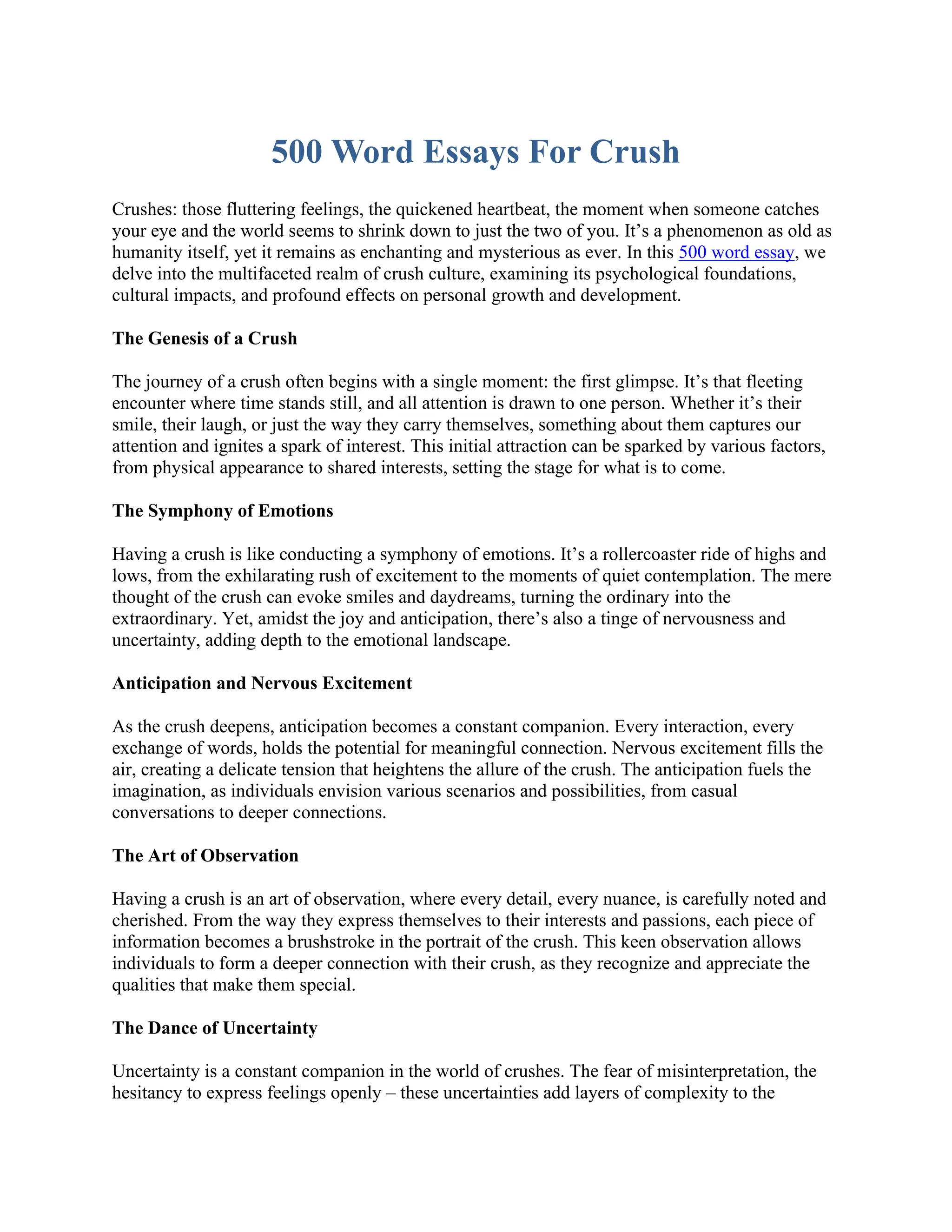 500 Word Essay For Crush: Exploring the Intricacies of Crush | PDF