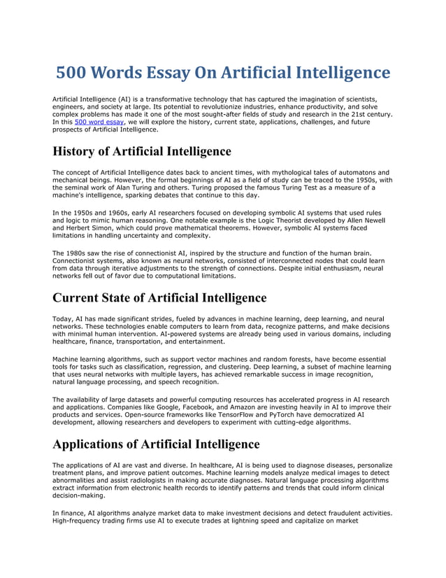 500 Word Essay On Artificial Intelligence | PDF