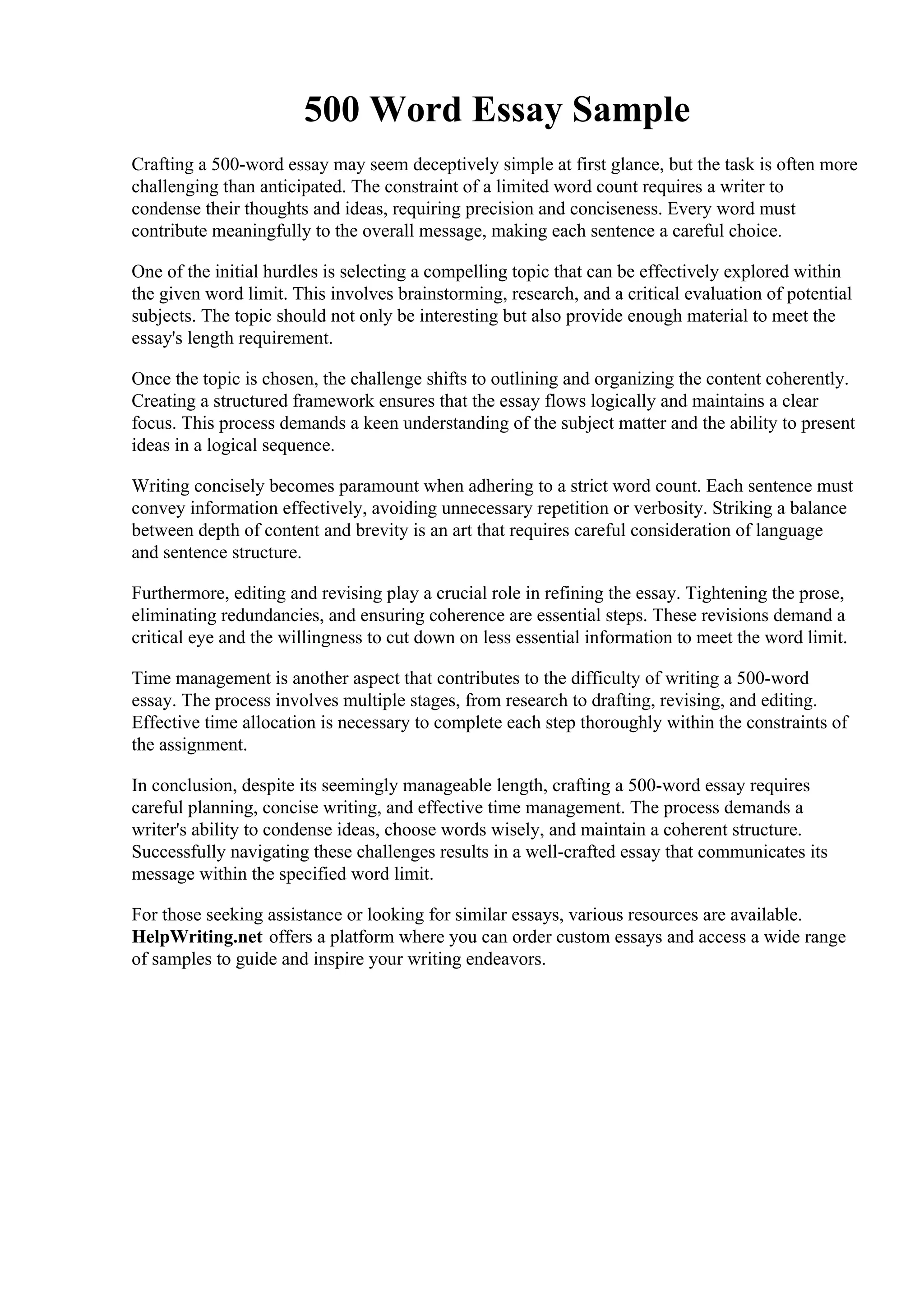 500 Word Essay Sample PDF