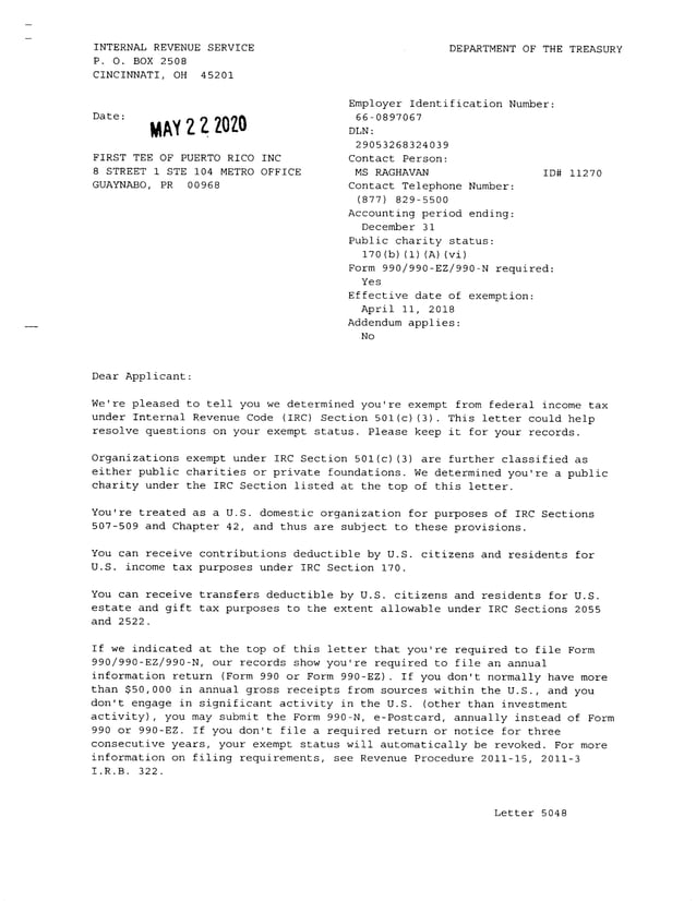 501 c3 - Determination Letter - First Tee Puerto Rico | PDF