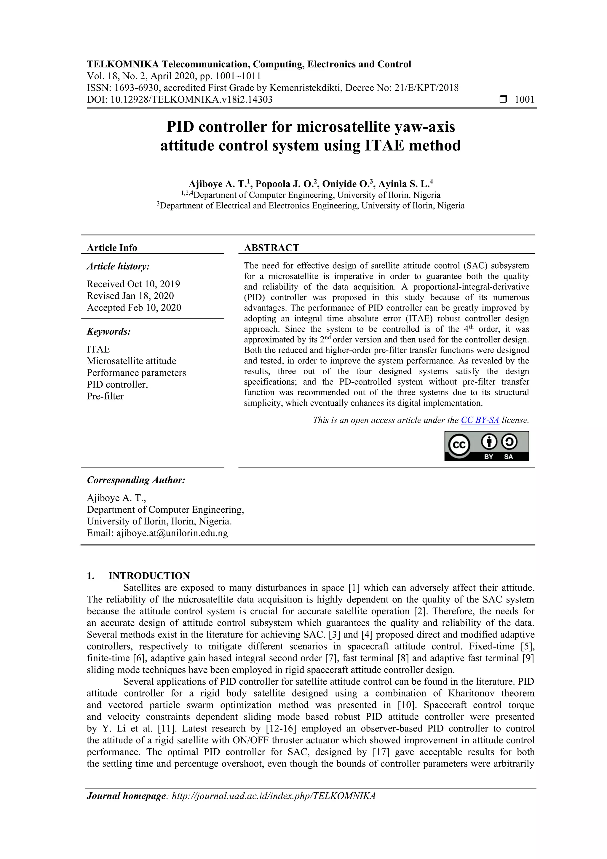 Pid Controller For Microsatellite Yaw Axis Attitude Control System