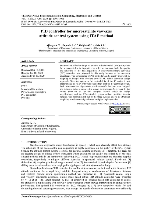 PID controller for microsatellite yaw-axis attitude control system using ITAE method | PDF