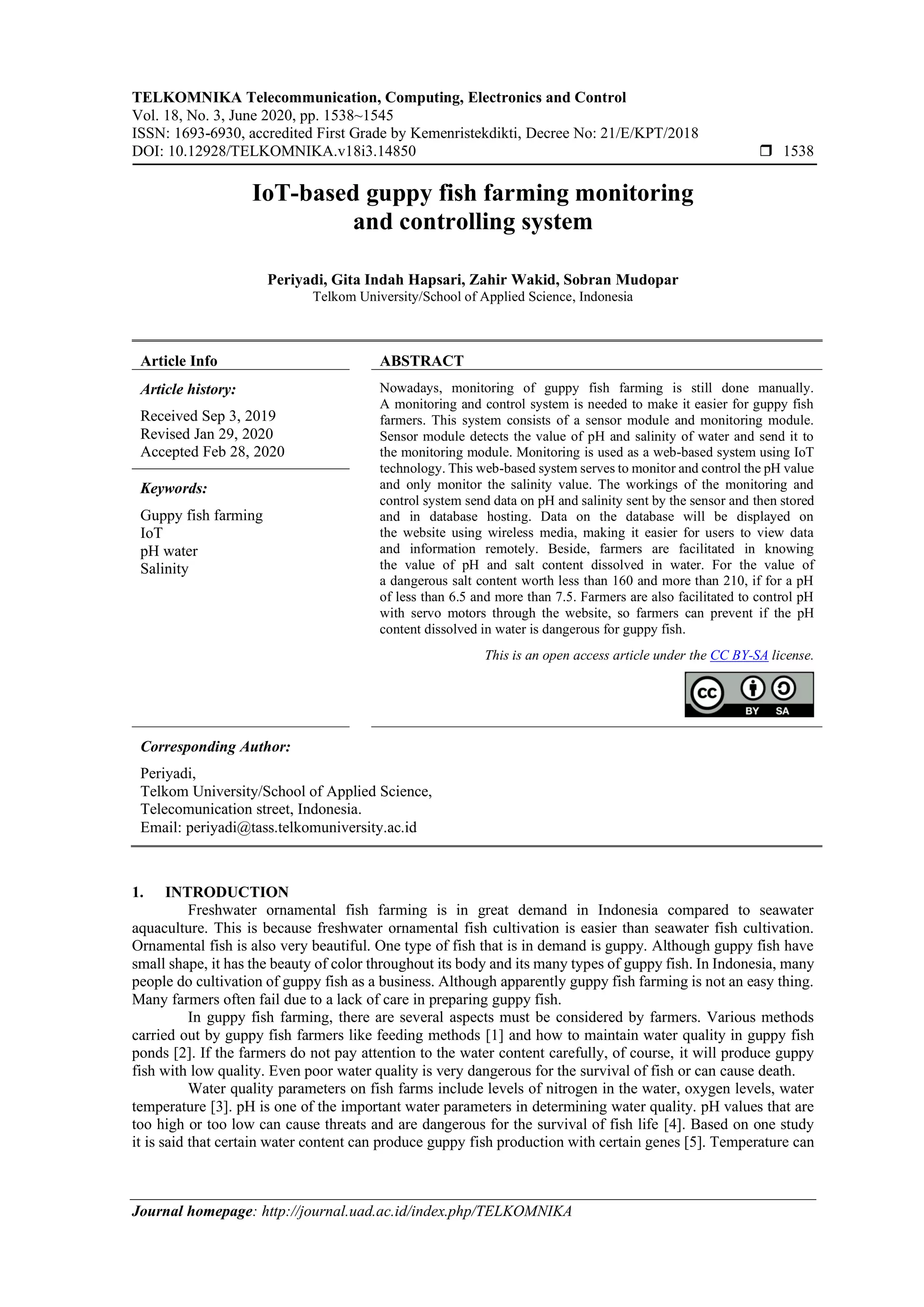 IoT-based guppy fish farming monitoring and controlling system | PDF