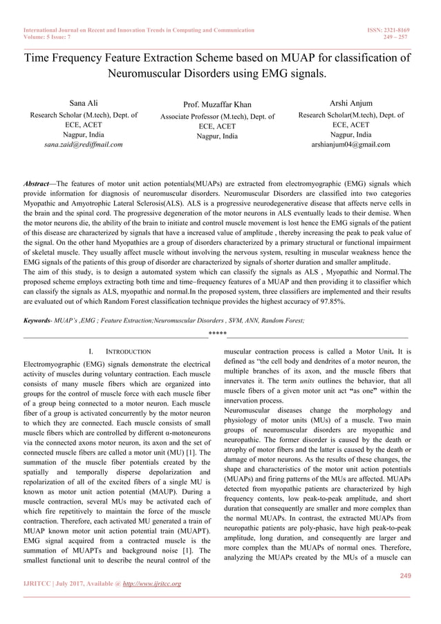 Time Frequency Feature Extraction Scheme based on MUAP for classification of Neuromuscular ...