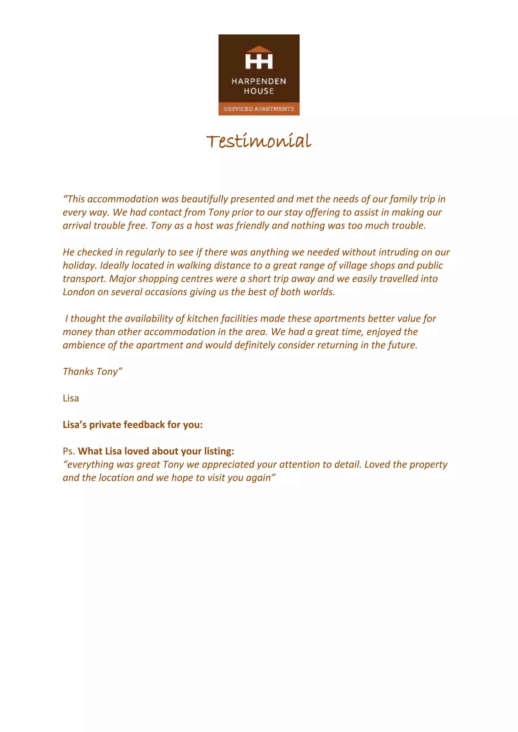 Testimonial - Lisa | PDF | Hotels and Motels | Travel Type