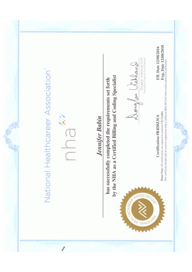 Jennifer C Babin - NHA, CBCS Certificate | PDF
