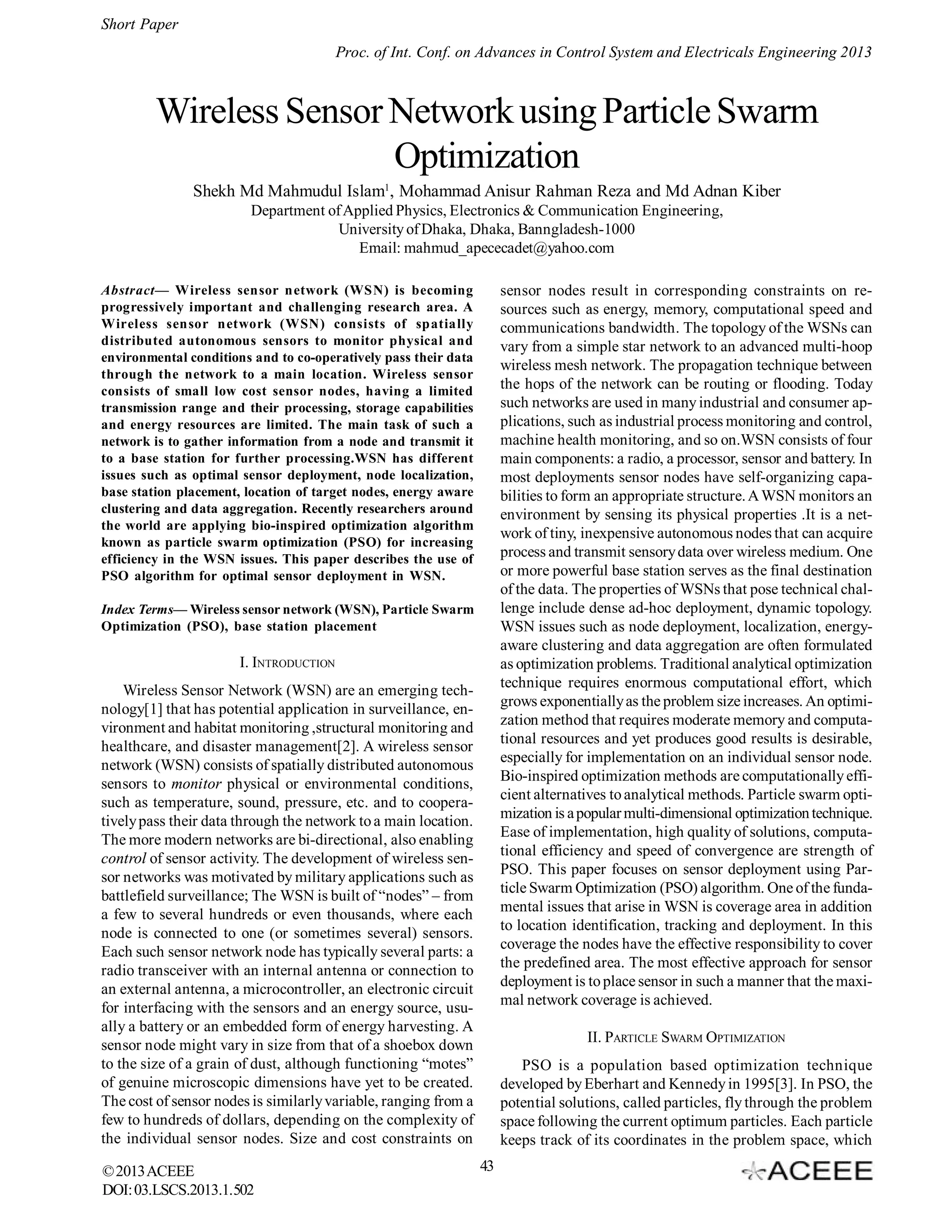 Wireless Sensor Network using Particle Swarm Optimization | PDF