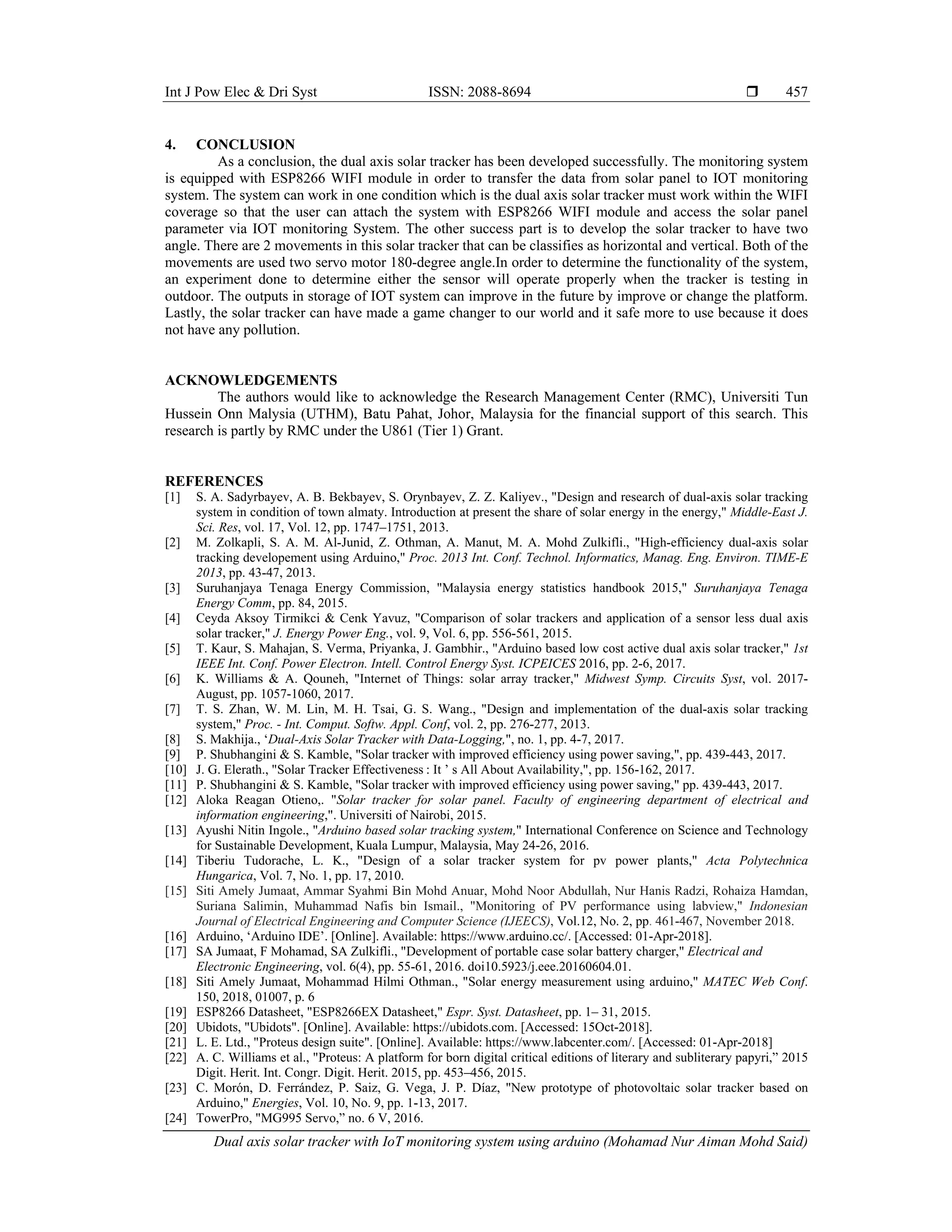 Dual axis solar tracker with IoT monitoring system using arduino | PDF