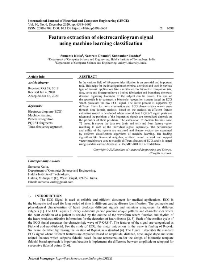 Feature extraction of electrocardiogram signal using machine learning classification | PDF