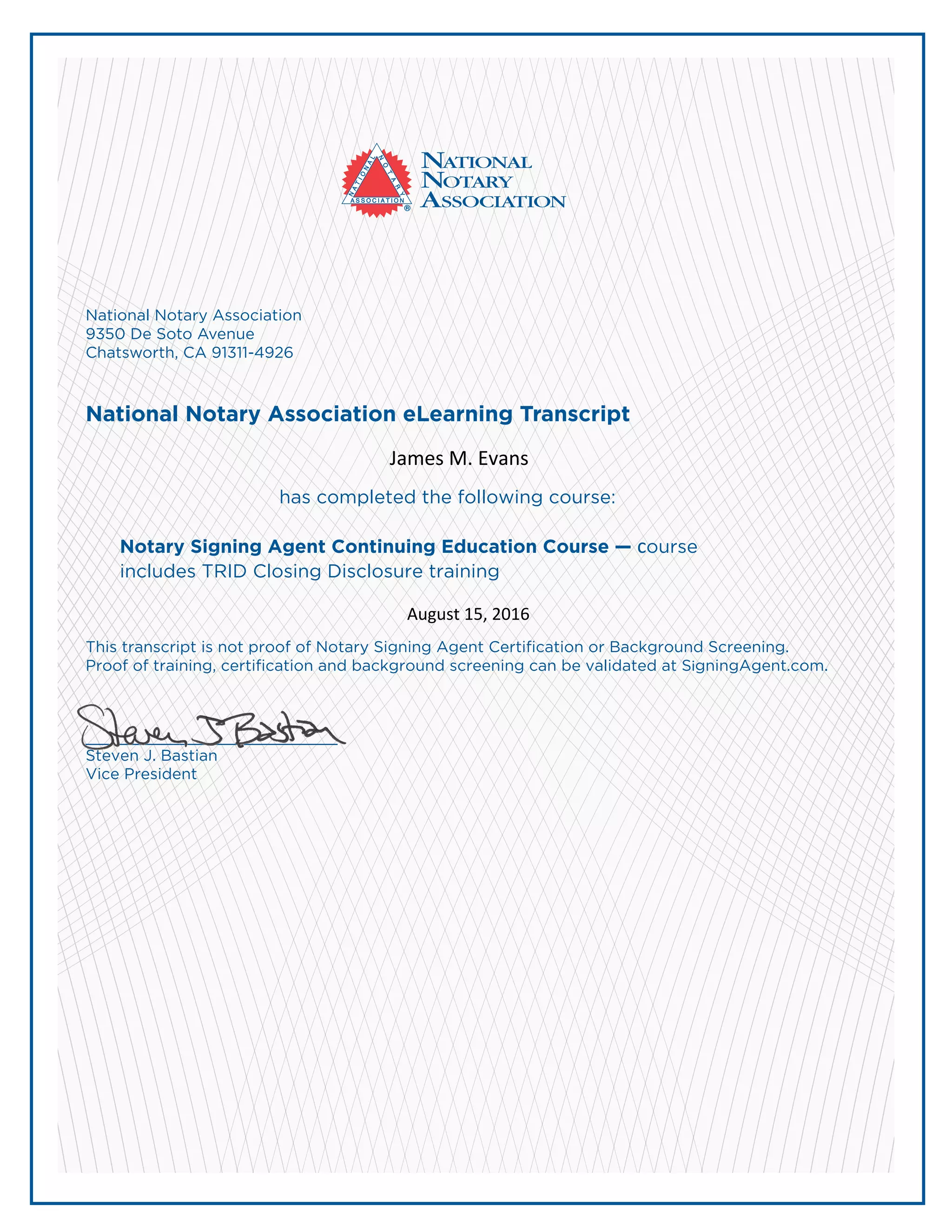 JAMES M. EVANS - 2016 NNA-NSA CONTINUING EDUCATION CERTIFICATE | PDF