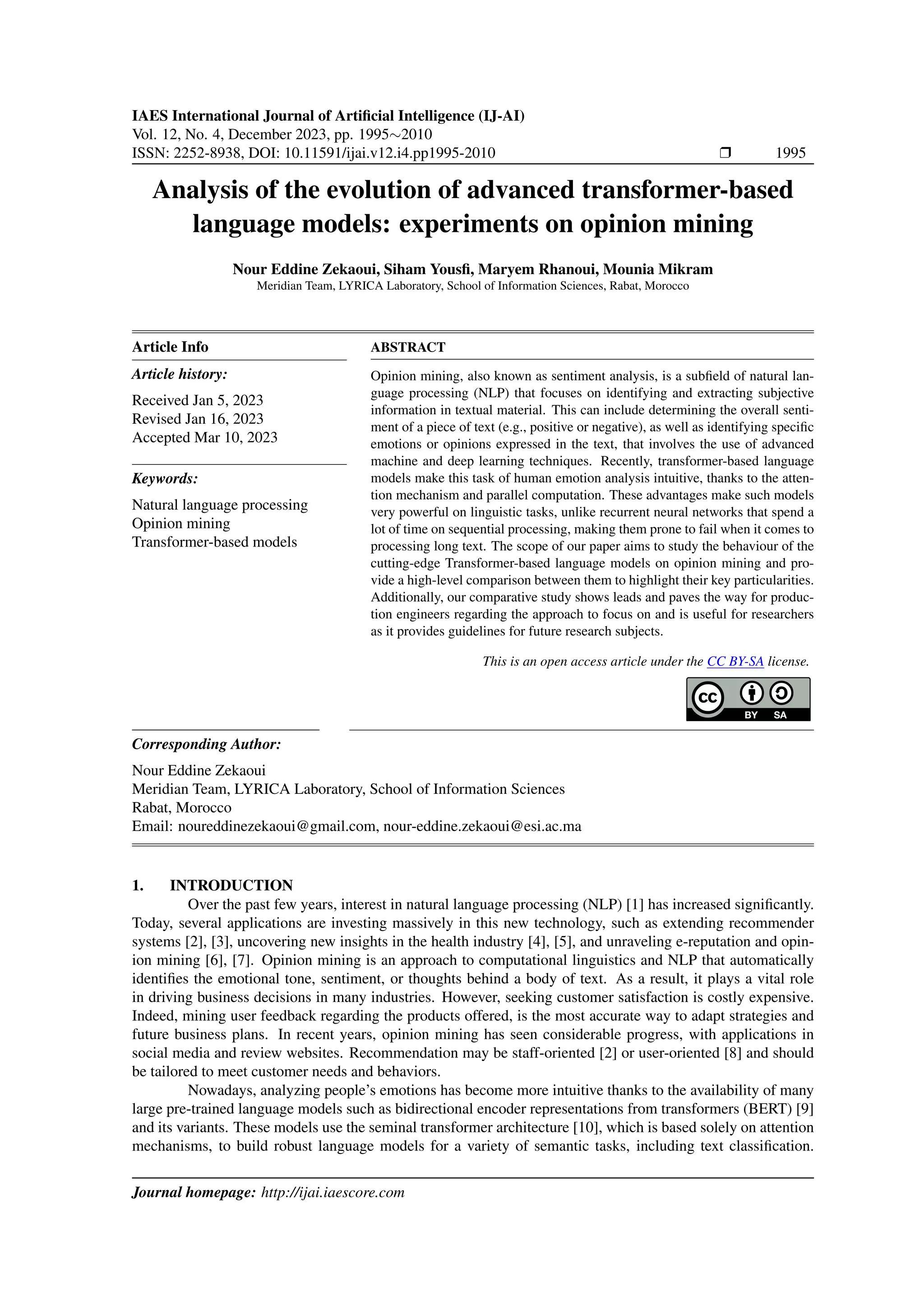 Analysis of the evolution of advanced transformer-based language models: Experiments on opinion ...