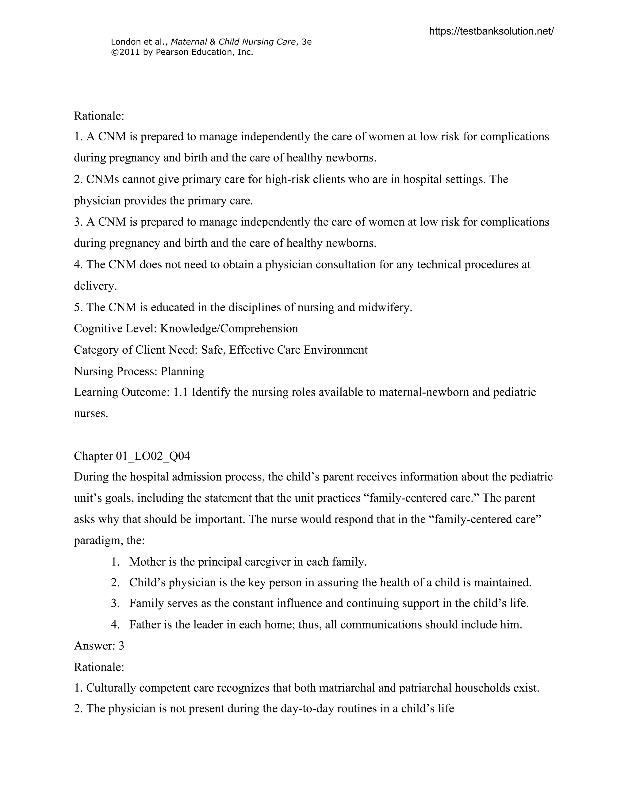 Maternal & Child Nursing Care London 3rd Edition Test Bank | PDF