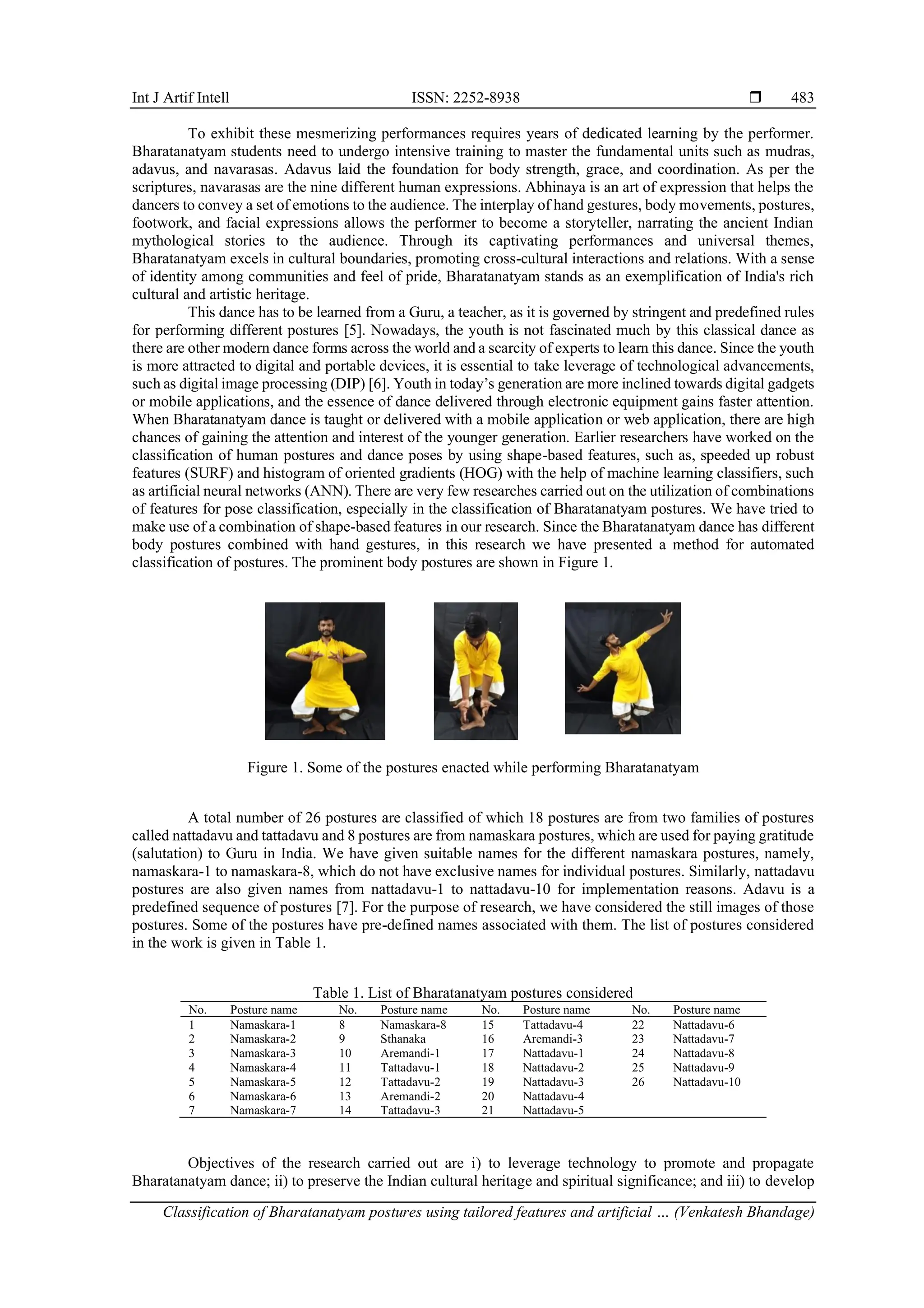 Classification of Bharatanatyam postures using tailored features and artificial neural network | PDF