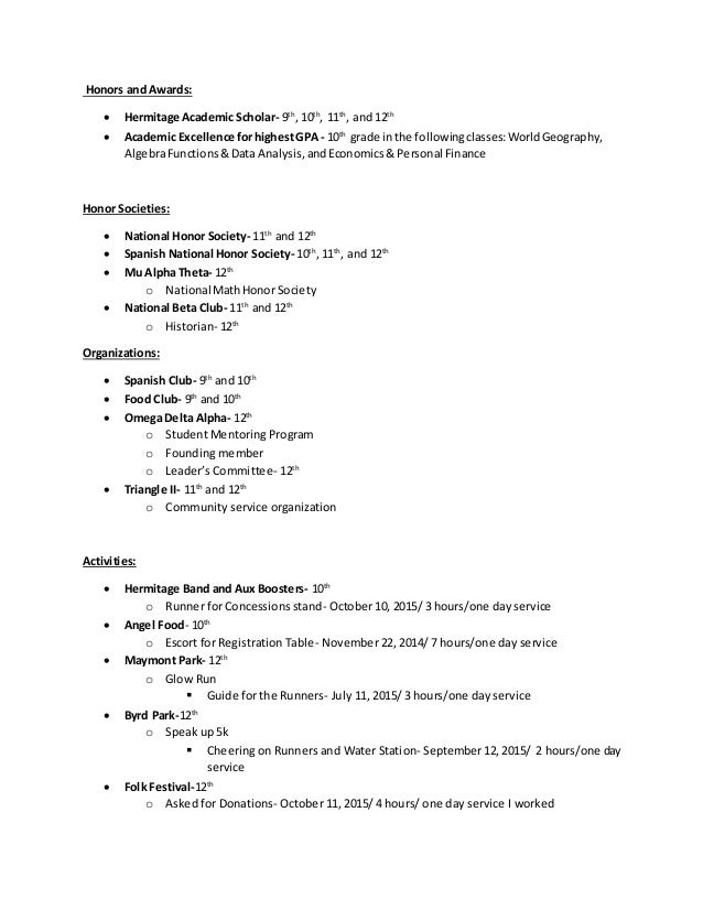 Extracurricular Activities List Extracurricular Activities List