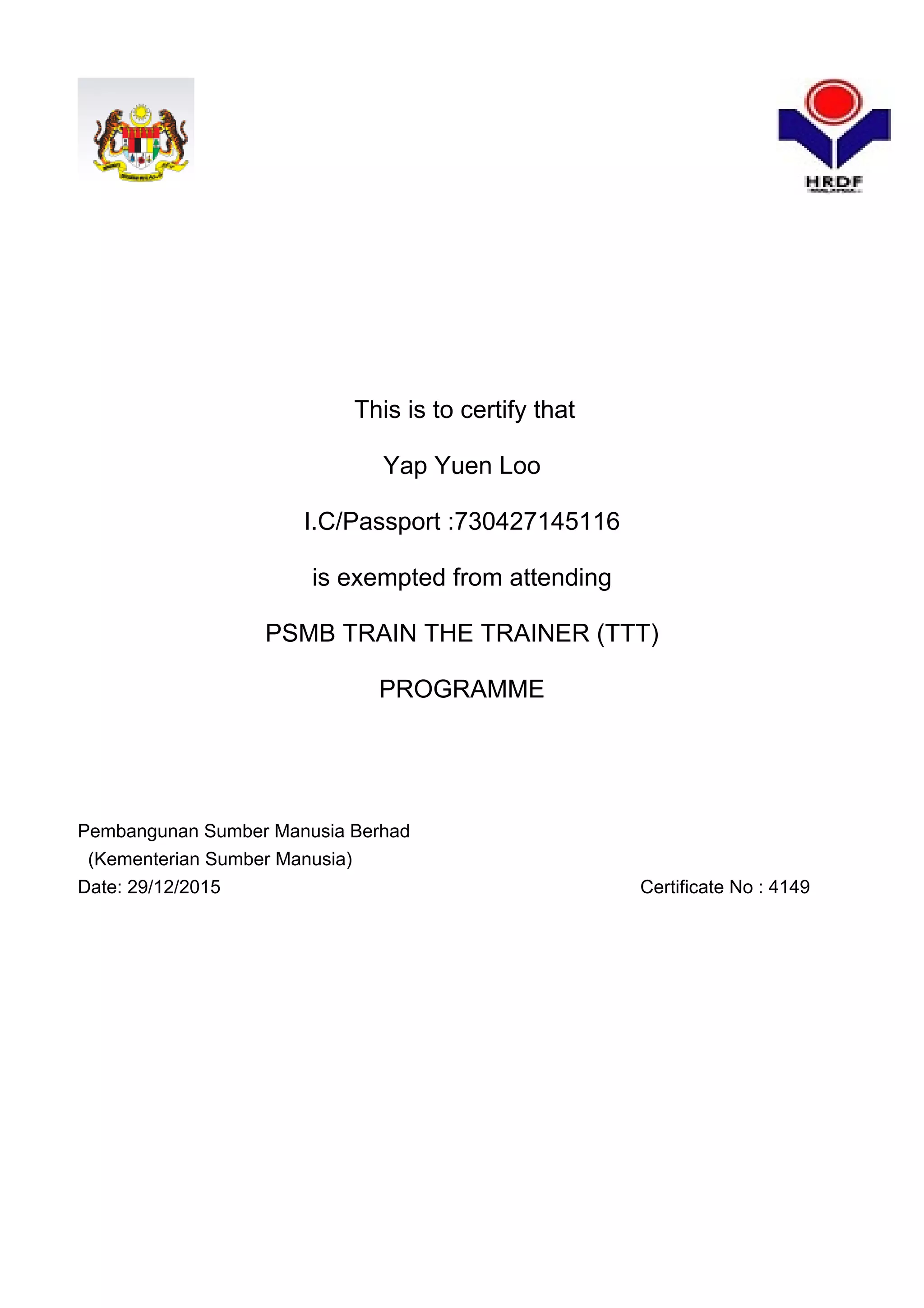 Yap_Yuen_Loo__TTT_Cerfitcate-1_HRDF[1] | PDF | Travel