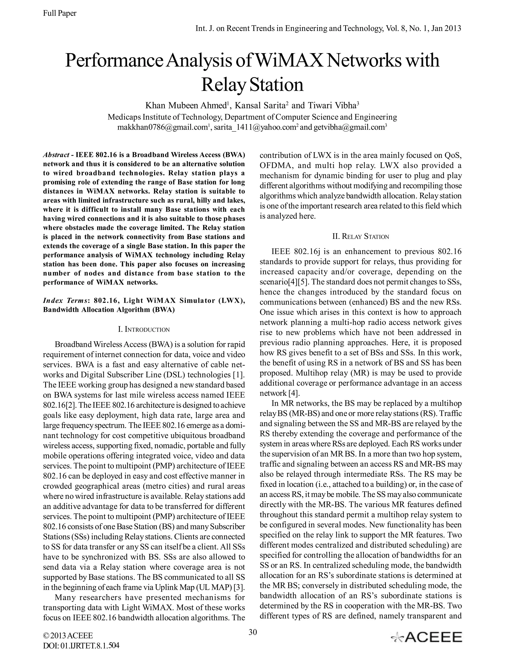 Performance Analysis of WiMAX Networks with Relay Station | PDF