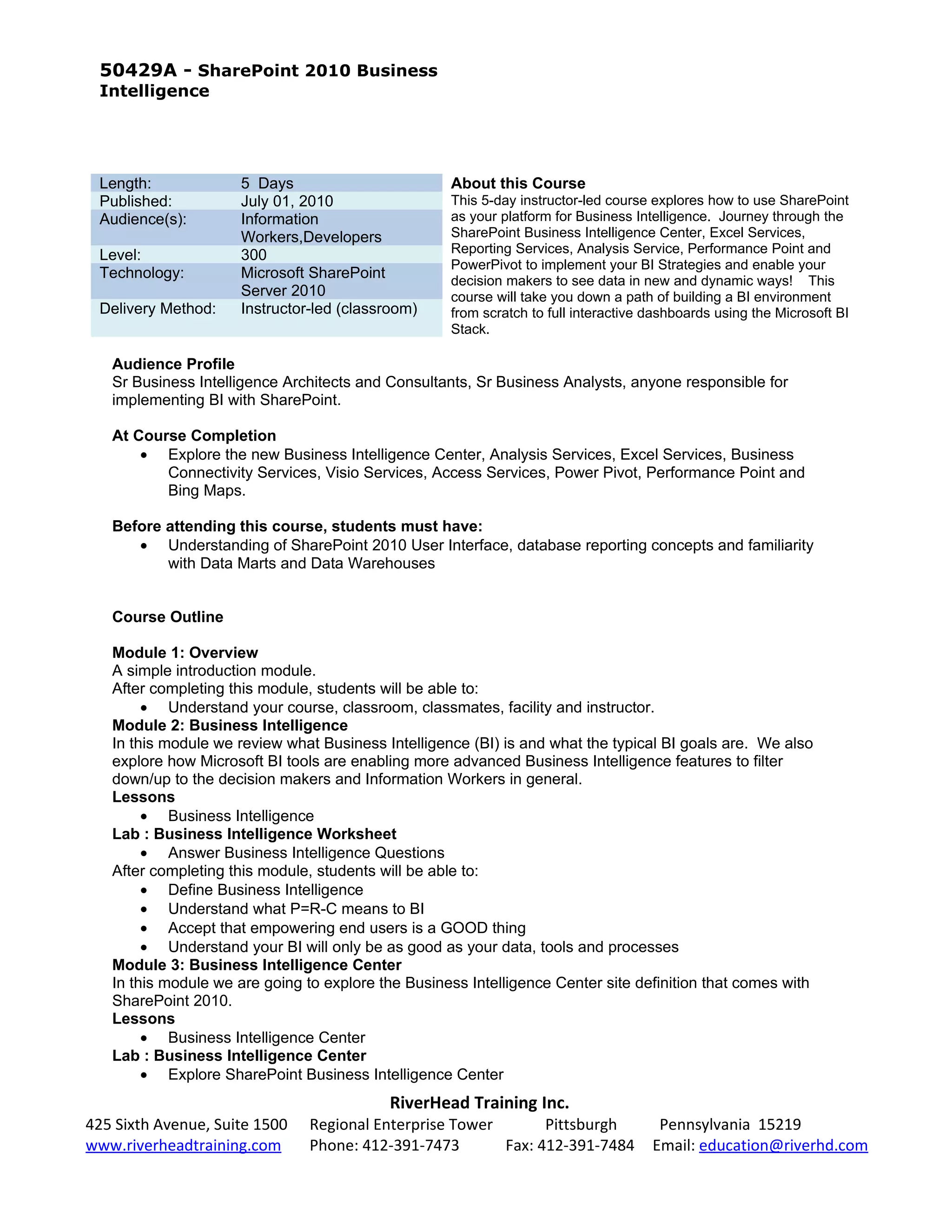 50429 a sharepoint 2010 business intelligence | DOC | Databases | Computer Software and Applications