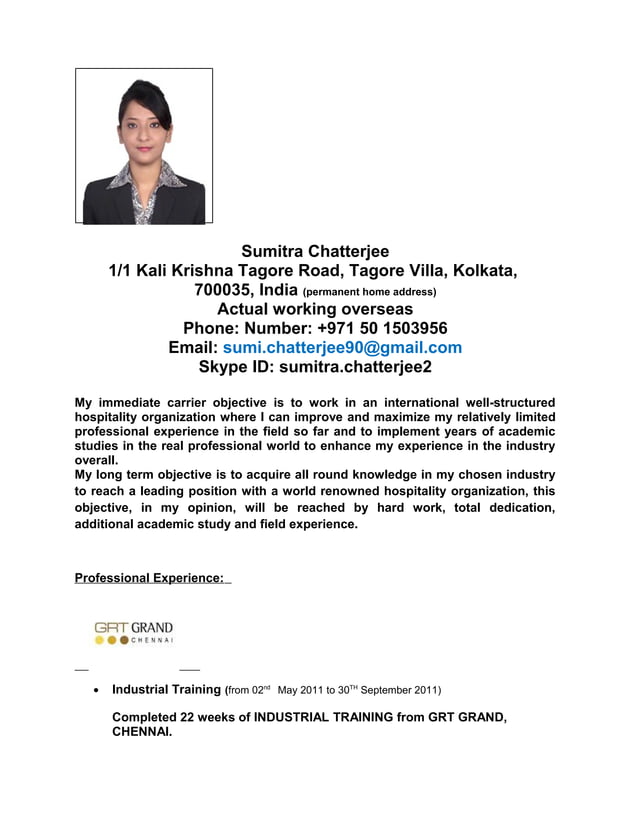 Sumitra Chatterjee Resume | DOC | Hotels and Motels | Travel Type