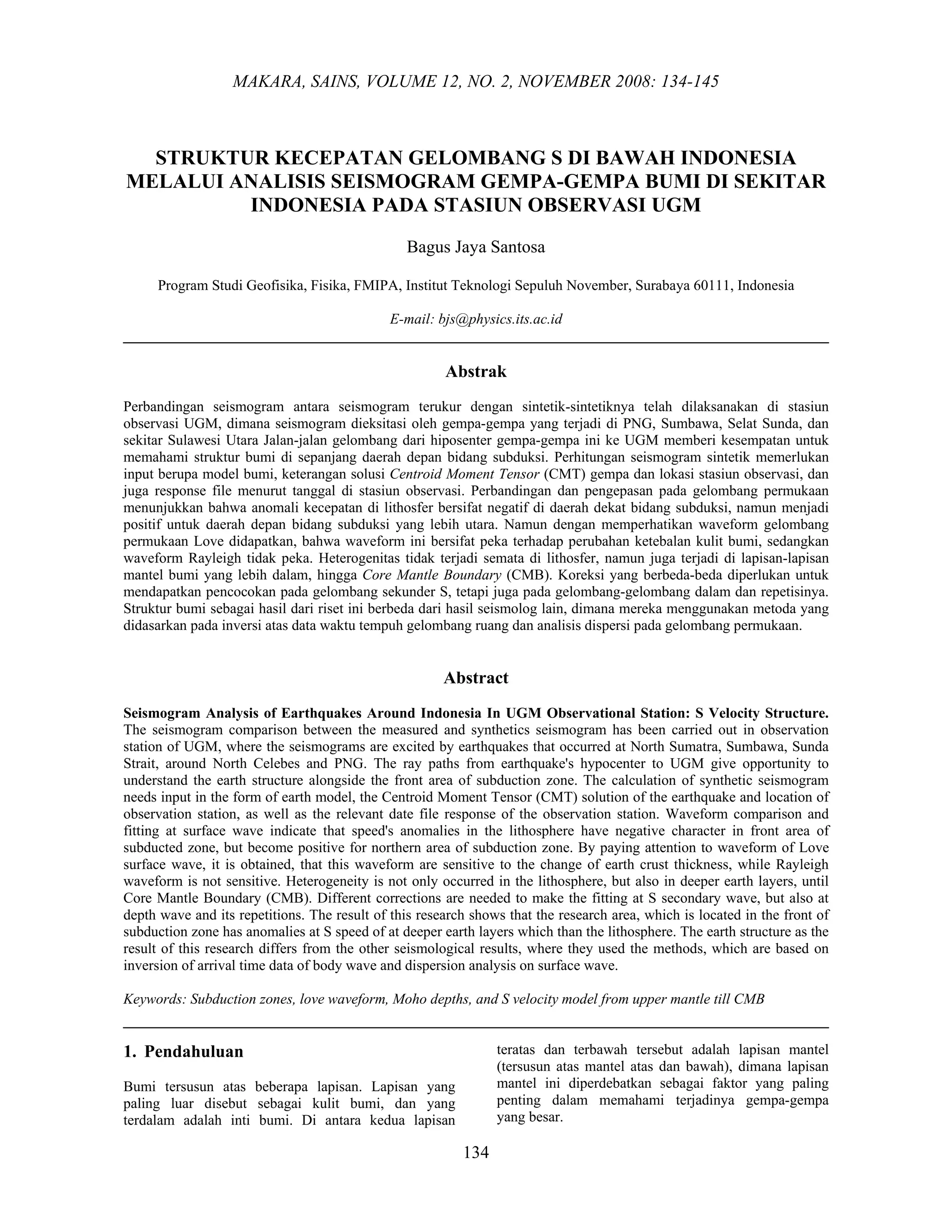 STRUKTUR KECEPATAN GELOMBANG S DI BAWAH INDONESIA MELALUI ANALISIS SEISMOGRAM GEMPA-GEMPA BUMI ...