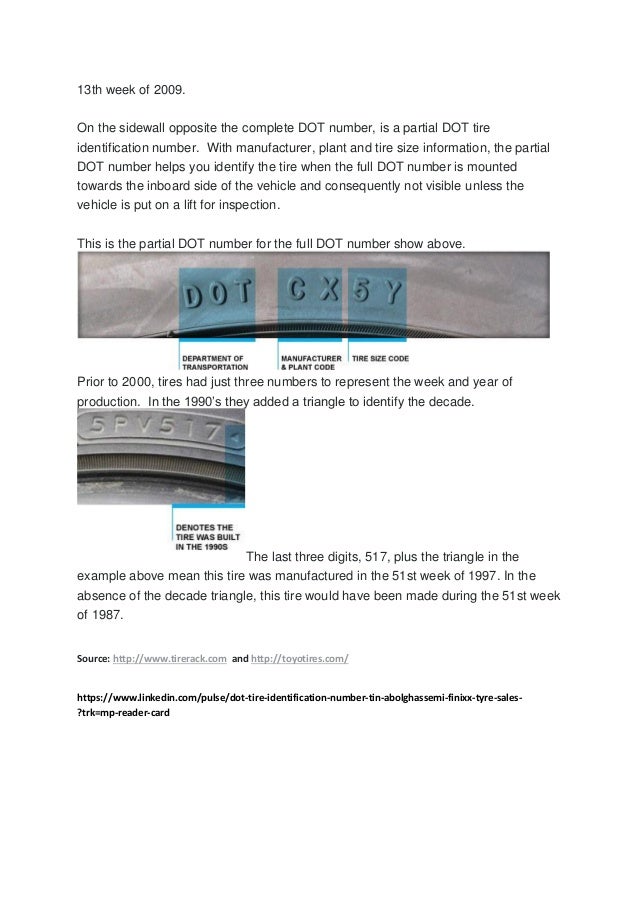 DOT Tire Identification Number TIN DOT Tire Identification Number TIN