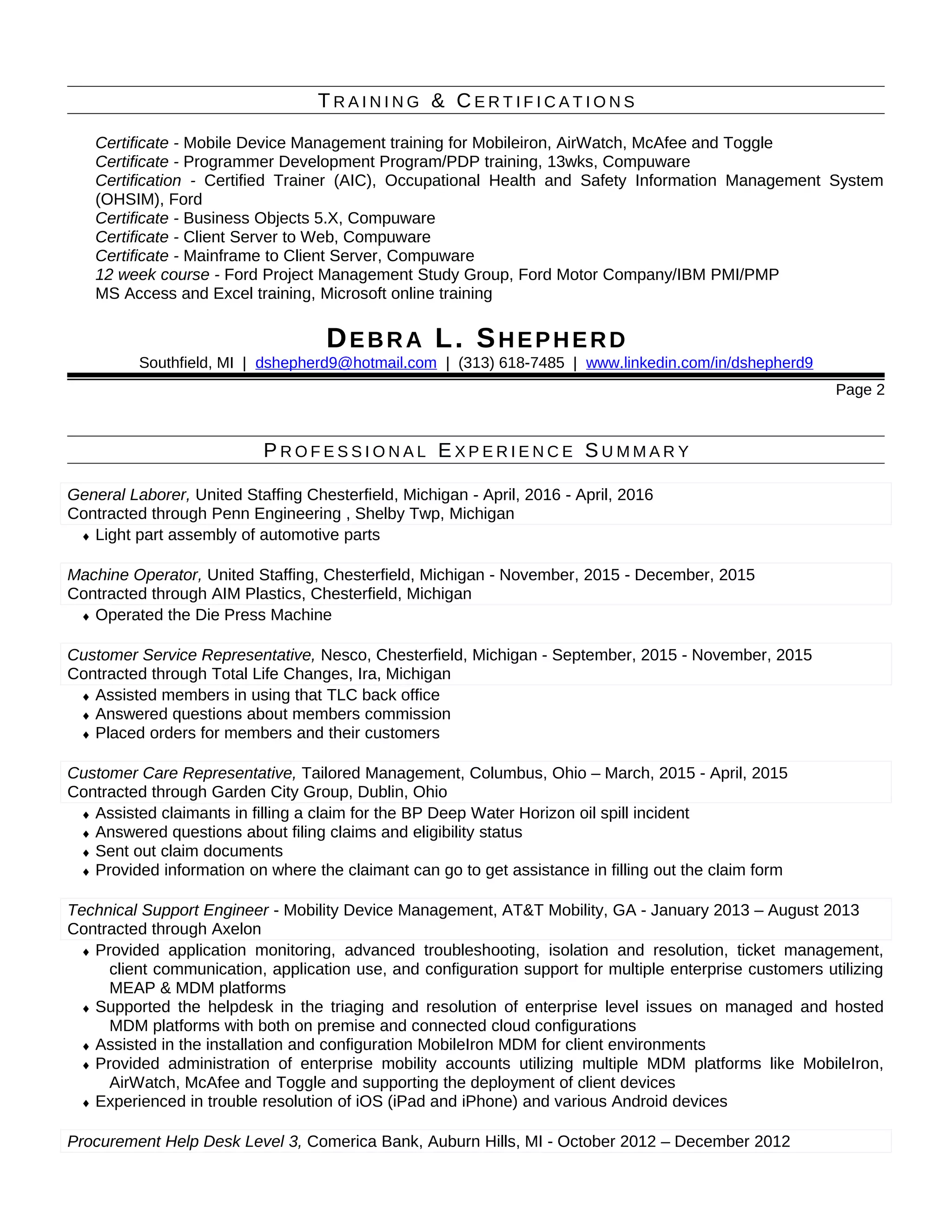 Debra Shepherd Resume 2016 | PDF