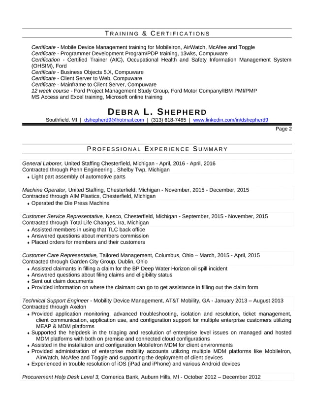 Debra Shepherd Resume 2016 | PDF
