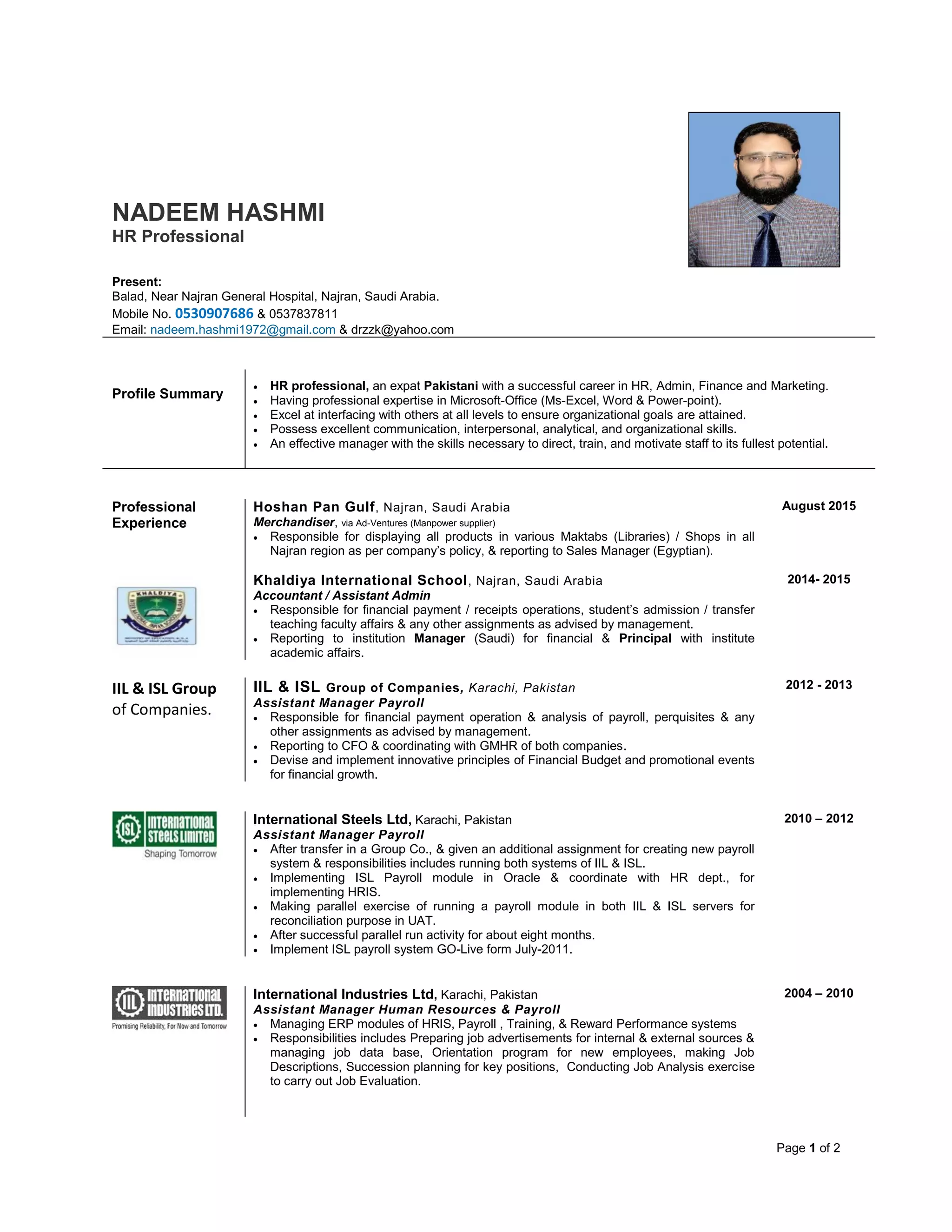 CV-Nadeem-Hashmi - 2015 New | PDF | Human Resources | Business