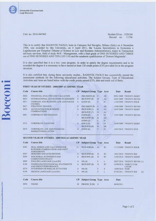 PAOLO RADOVIX - MSc BOCCONI - Official academic transcript | PDF