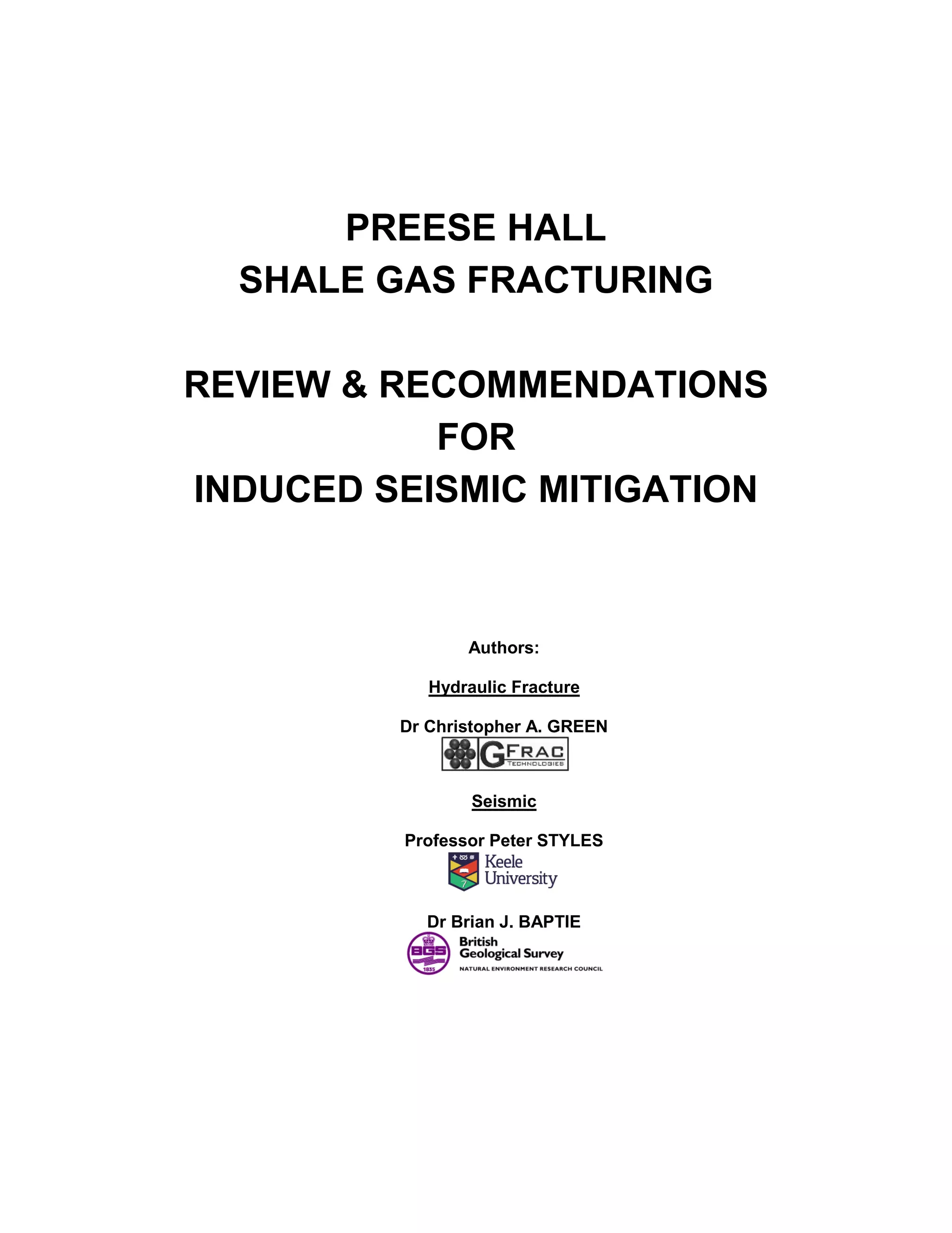 Preese Hall Shale Gas Fracturing Review & Recommendations for Induced Seismic Mitigation | PDF ...