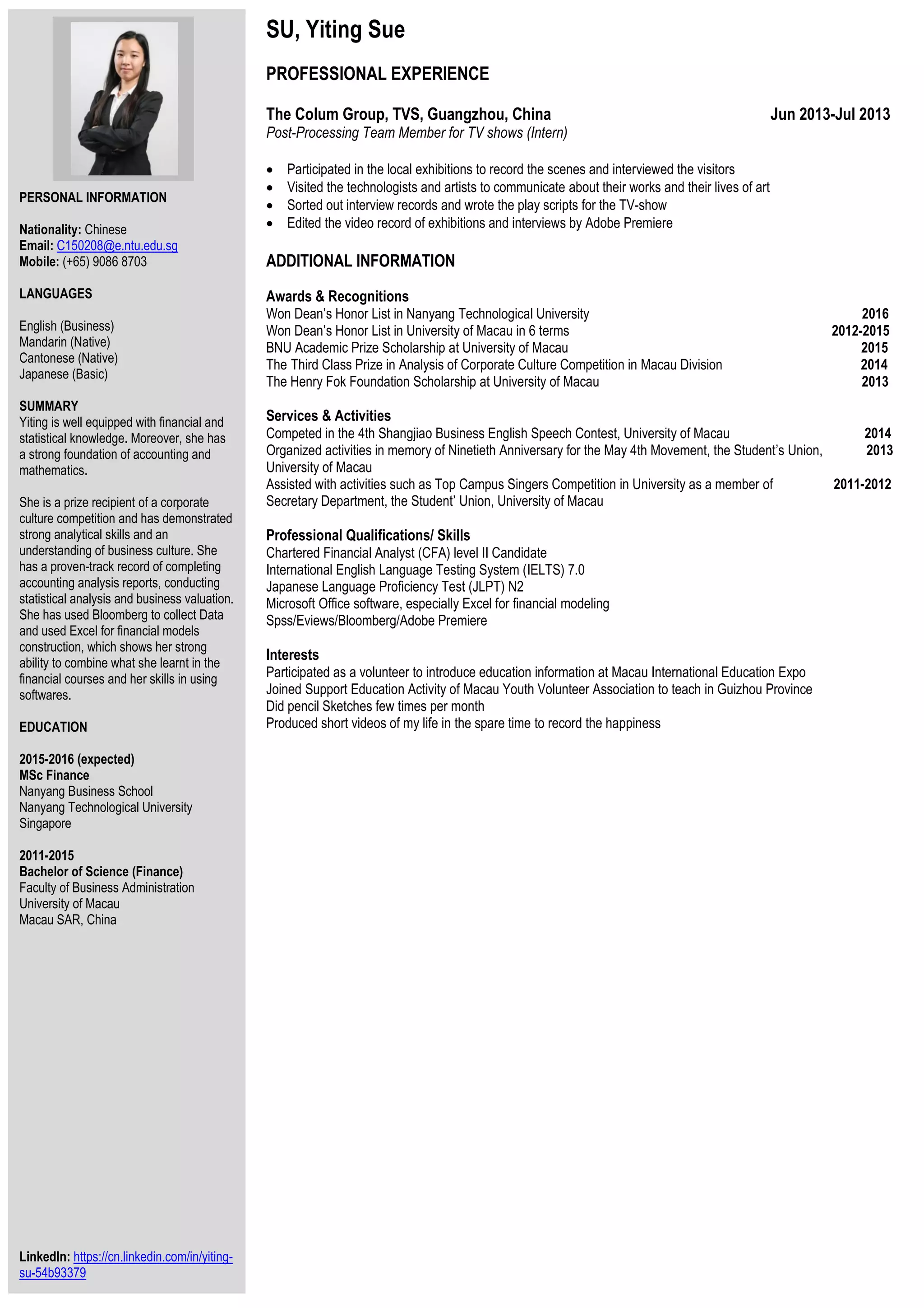 Su Yiting-Resume | PDF | Business Accounting & Finance | Business