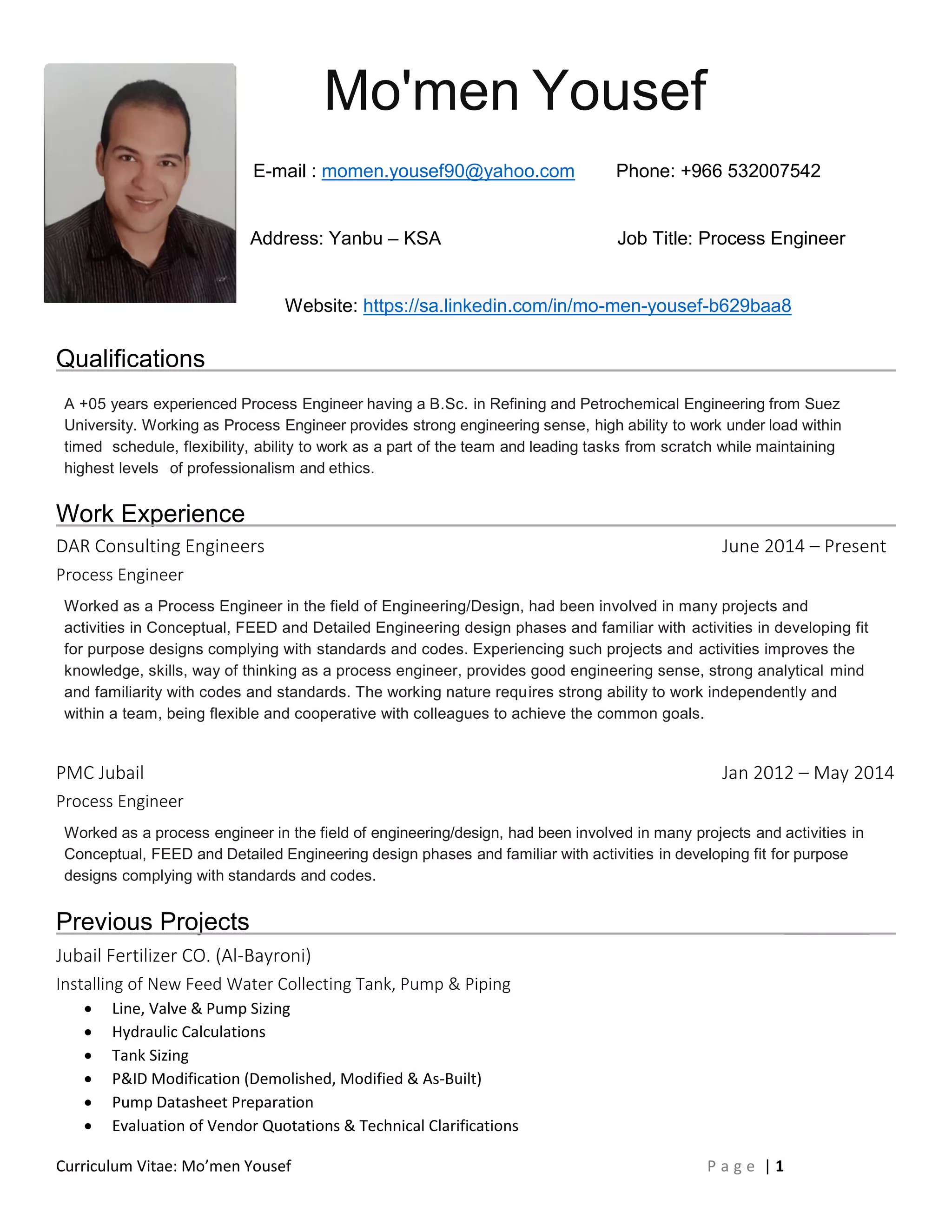 Mo'men Yousef - Process Engineer | PDF