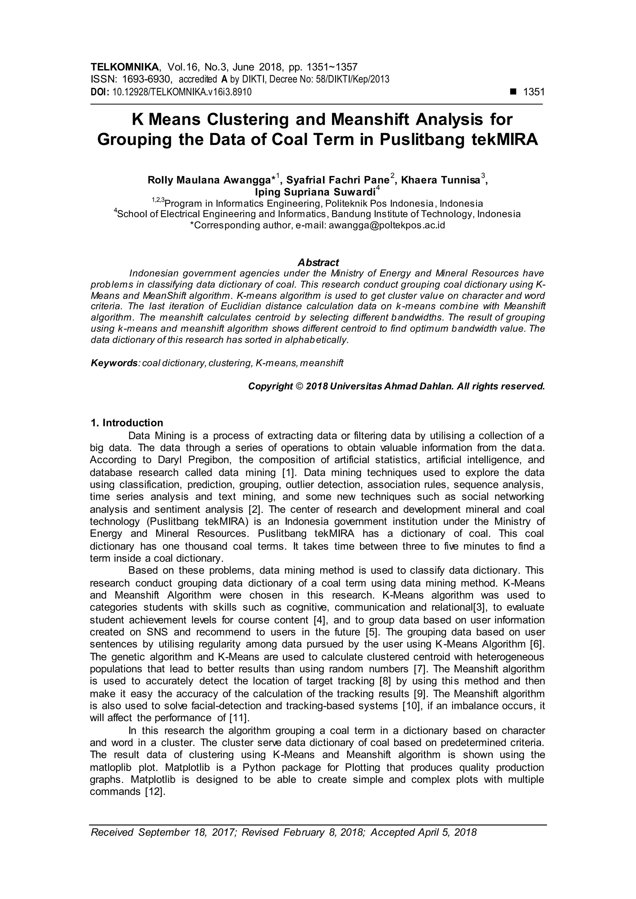 K Means Clustering And Meanshift Analysis For Grouping The Data Of Coal Term In Puslitbang