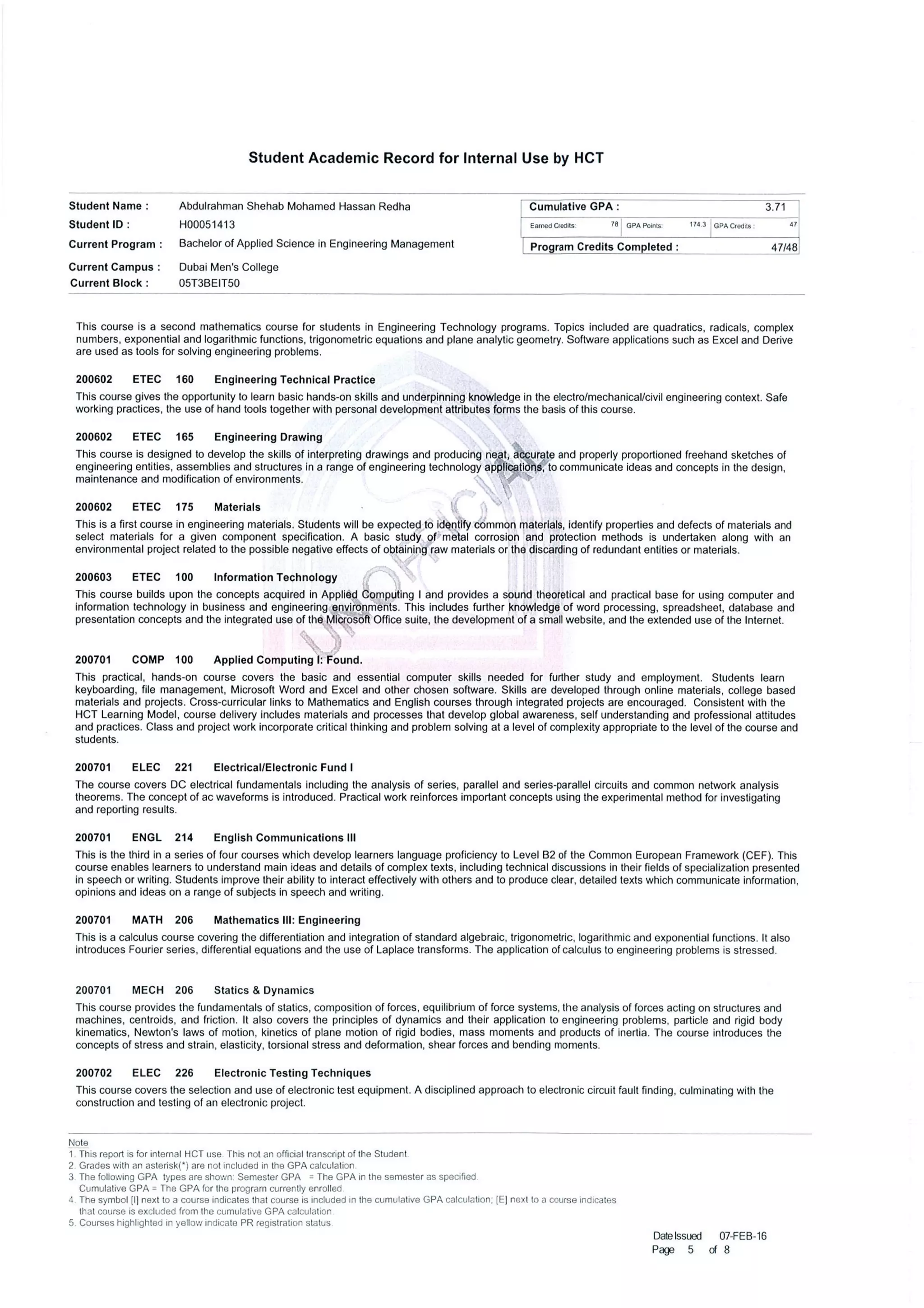 HCT Unoffical Transcript | PDF