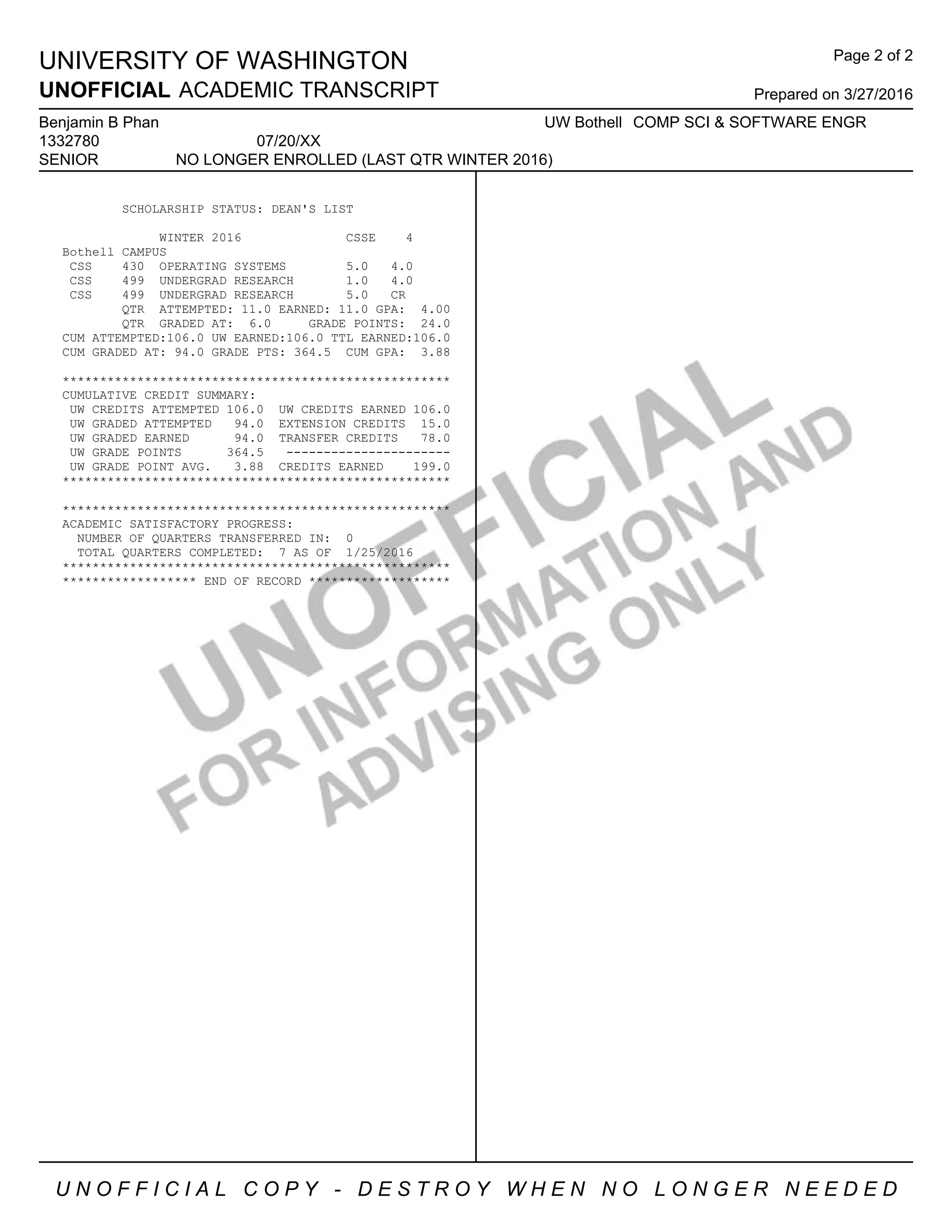 UWUnofficialTranscript | PDF