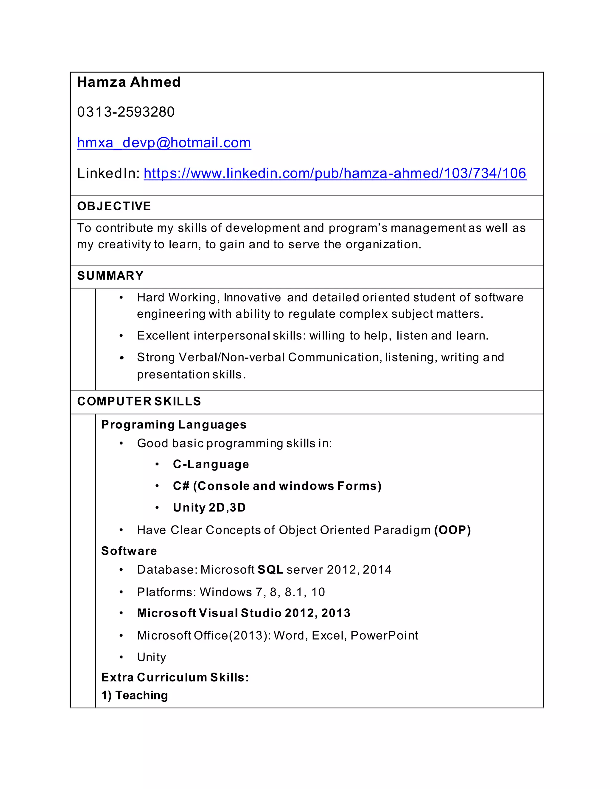 Hamza Ahmed - Resume | DOCX | Programming Languages | Computing