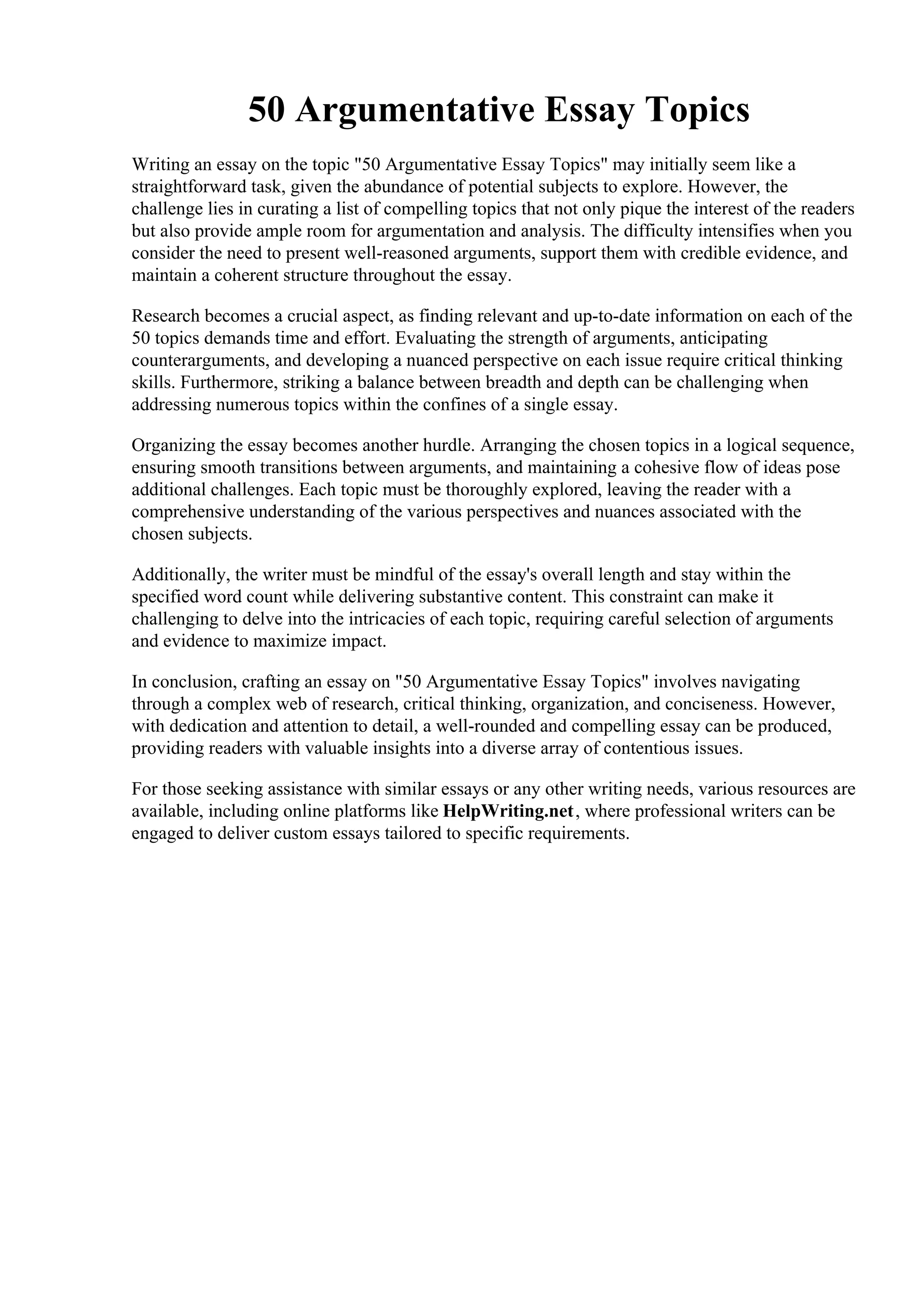 50 Argumentative Essay Topics | PDF