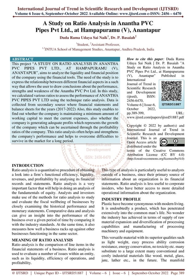 A Study on Ratio Analysis in Anantha PVC Pipes Pvt Ltd., at Hampapuramu ...