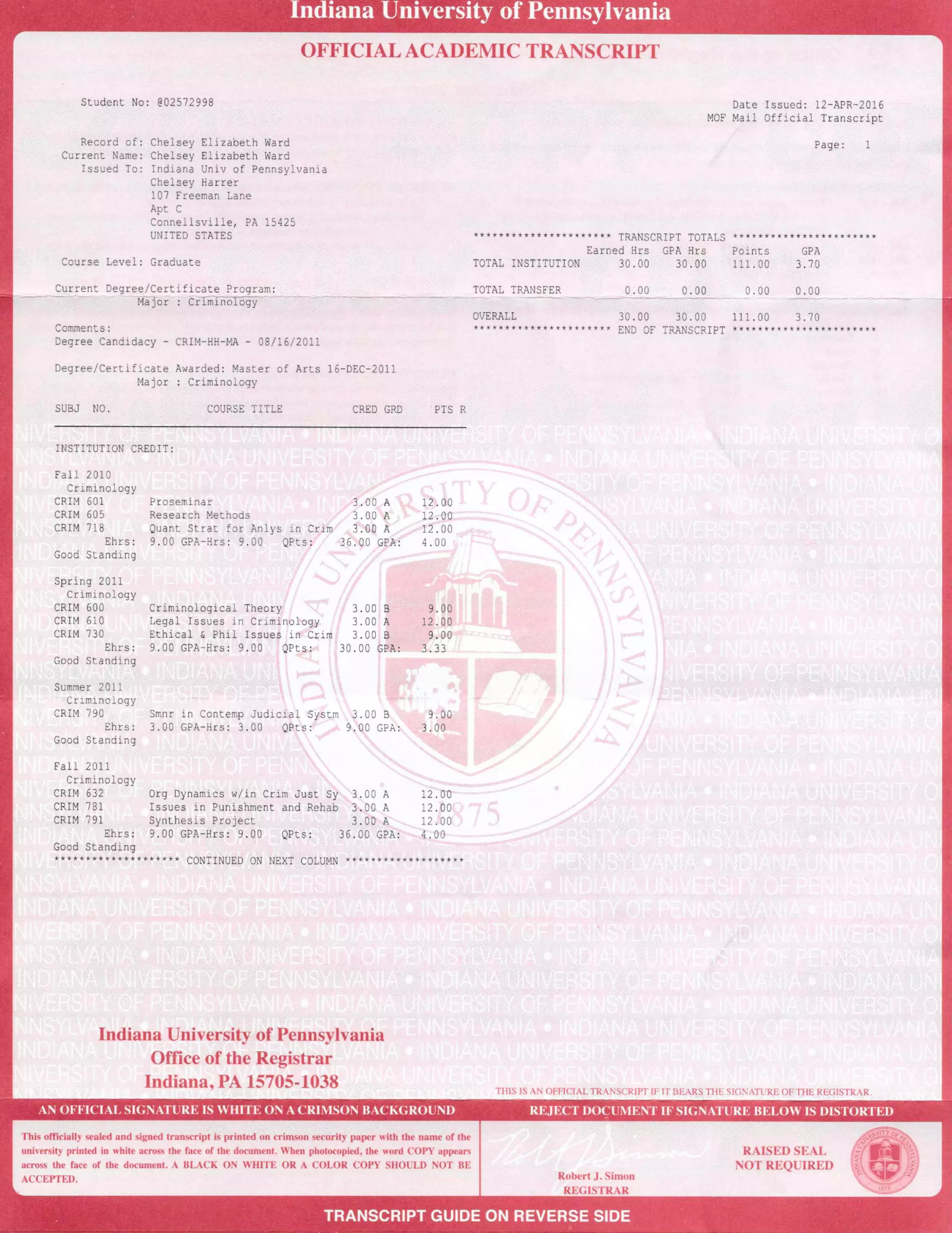 IUP Official Transcript | PDF