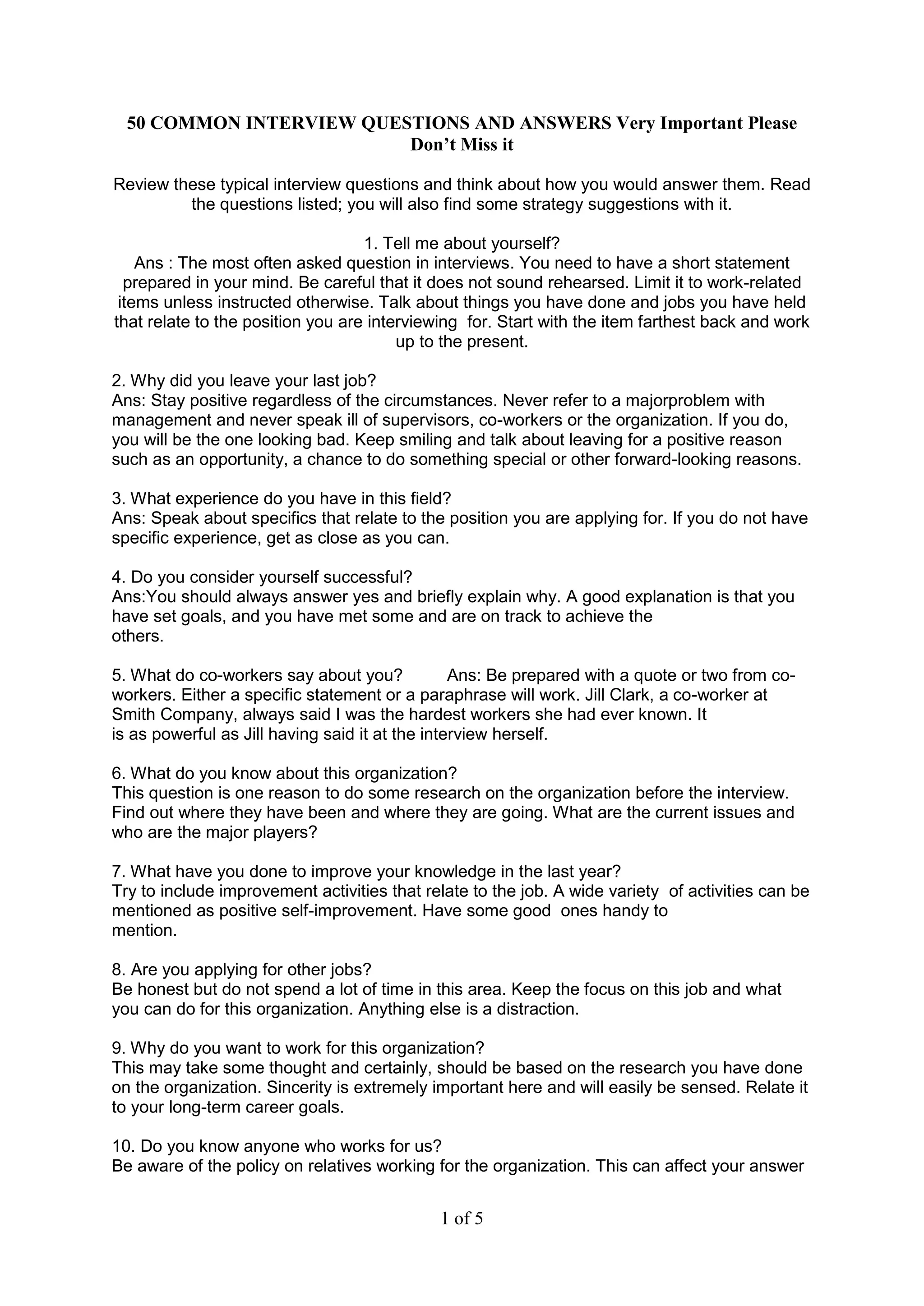 50 common interview questions | DOCX