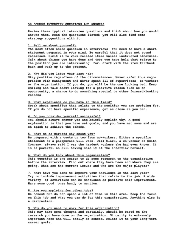 50 Common Interview Questions And Answers | DOC