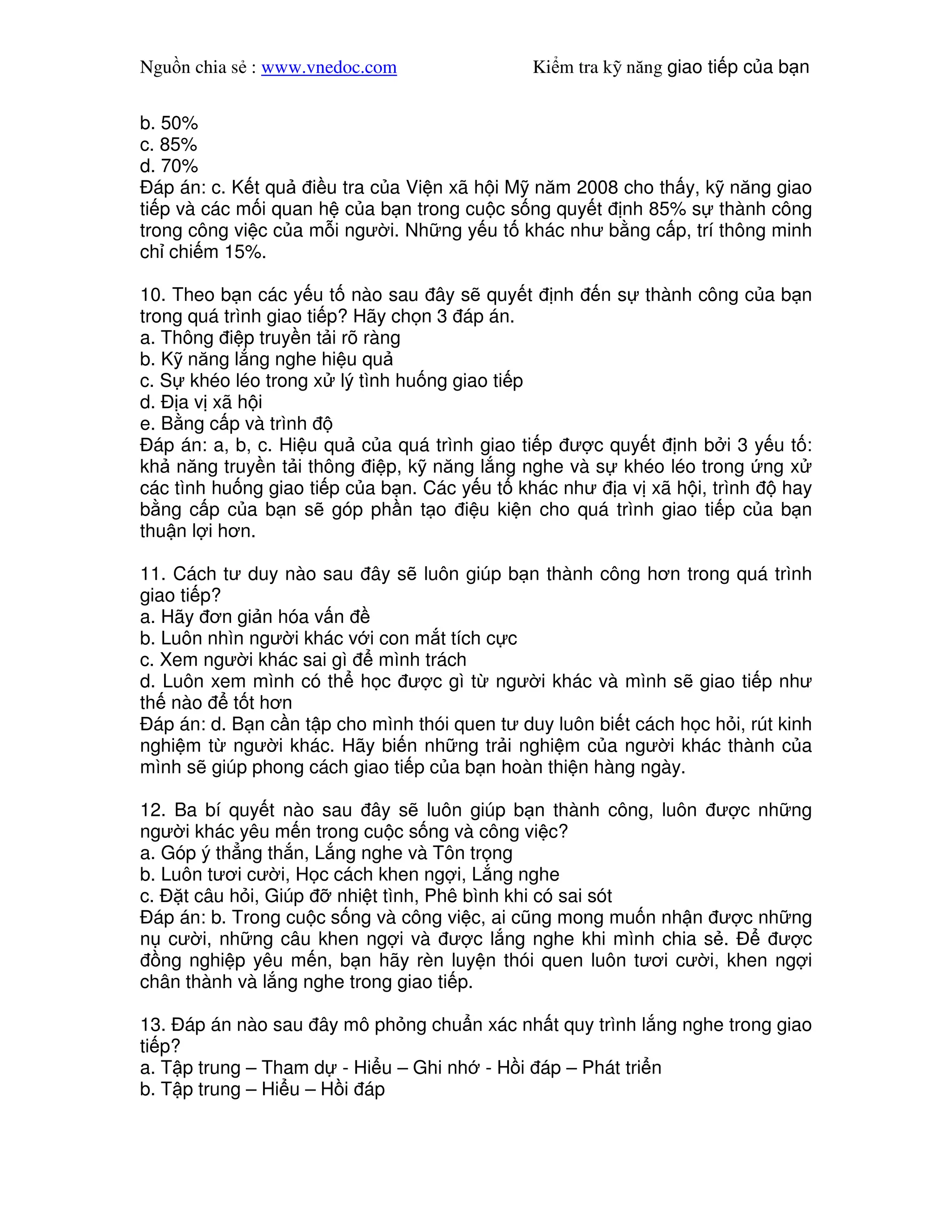 50 câu hỏi kiểm tra kỹ năng giao tiếp | PDF
