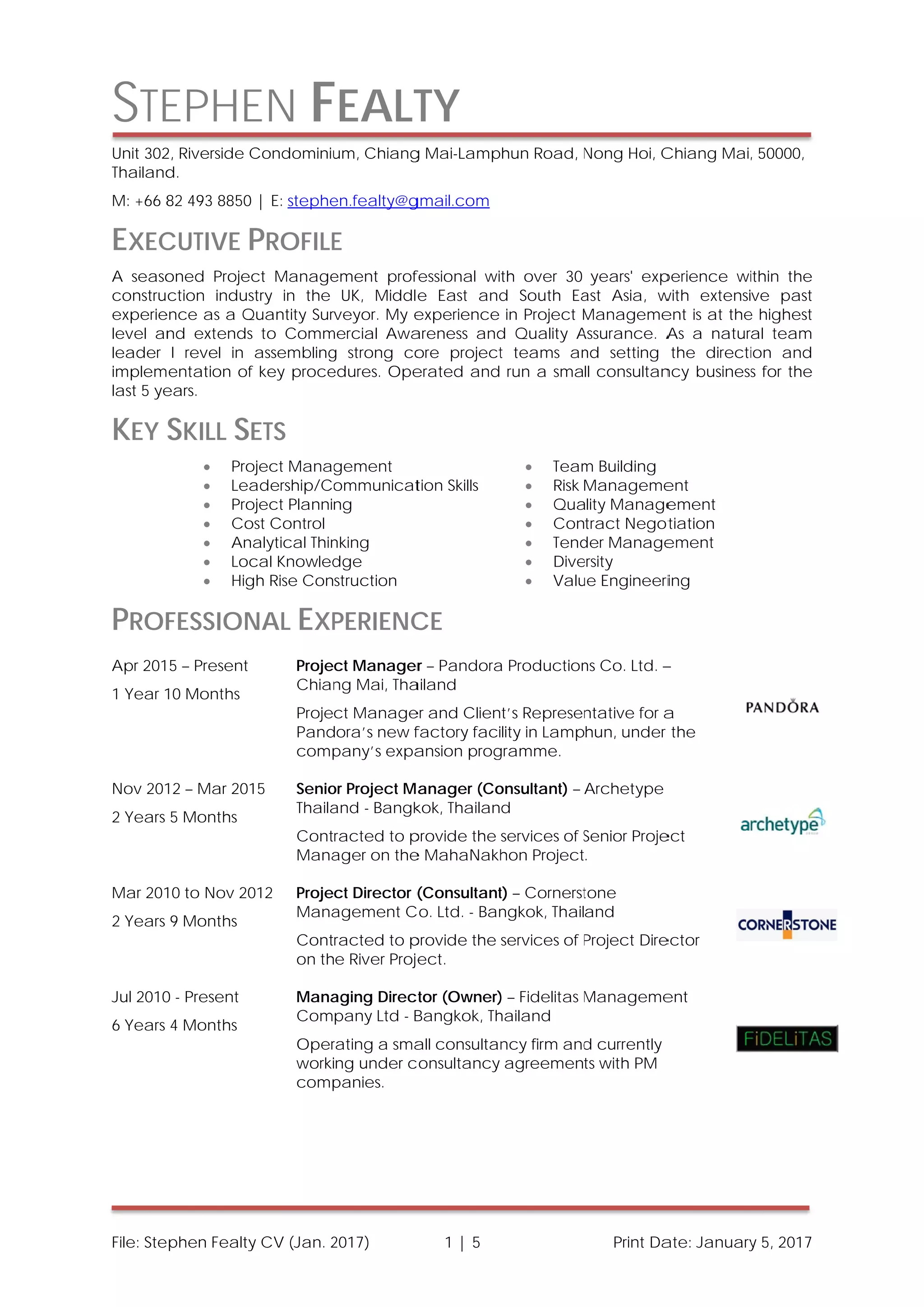 Stephen Fealty CV (Jan 17) | PDF | Developmental Sites | Real Estate
