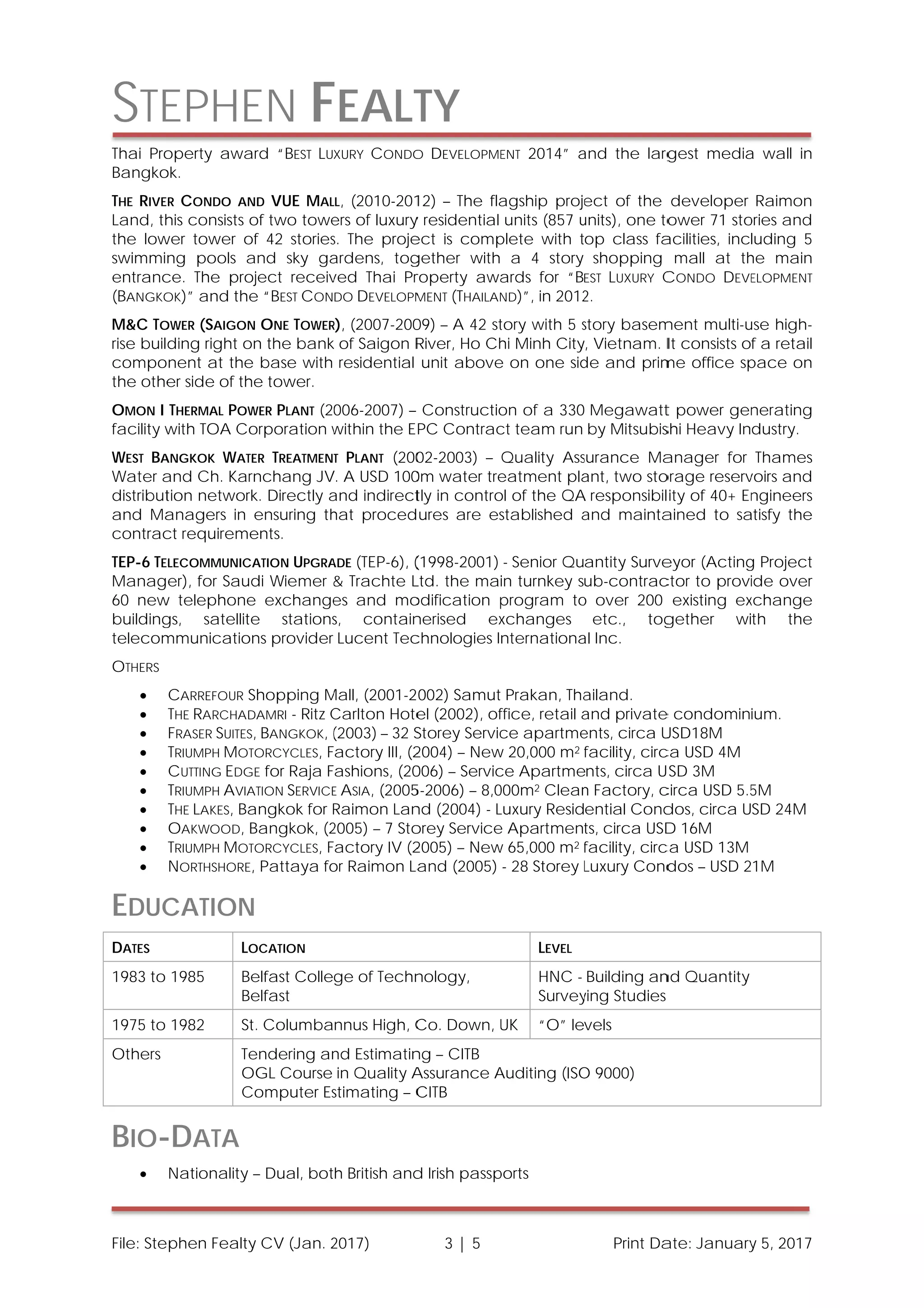 Stephen Fealty CV (Jan 17) | PDF | Developmental Sites | Real Estate