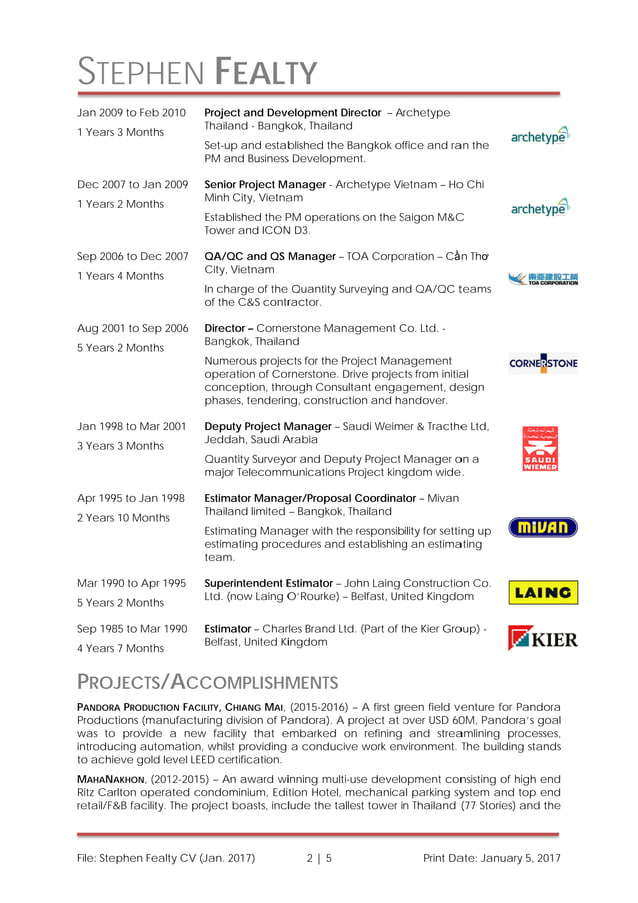 Stephen Fealty CV (Jan 17) | PDF | Developmental Sites | Real Estate