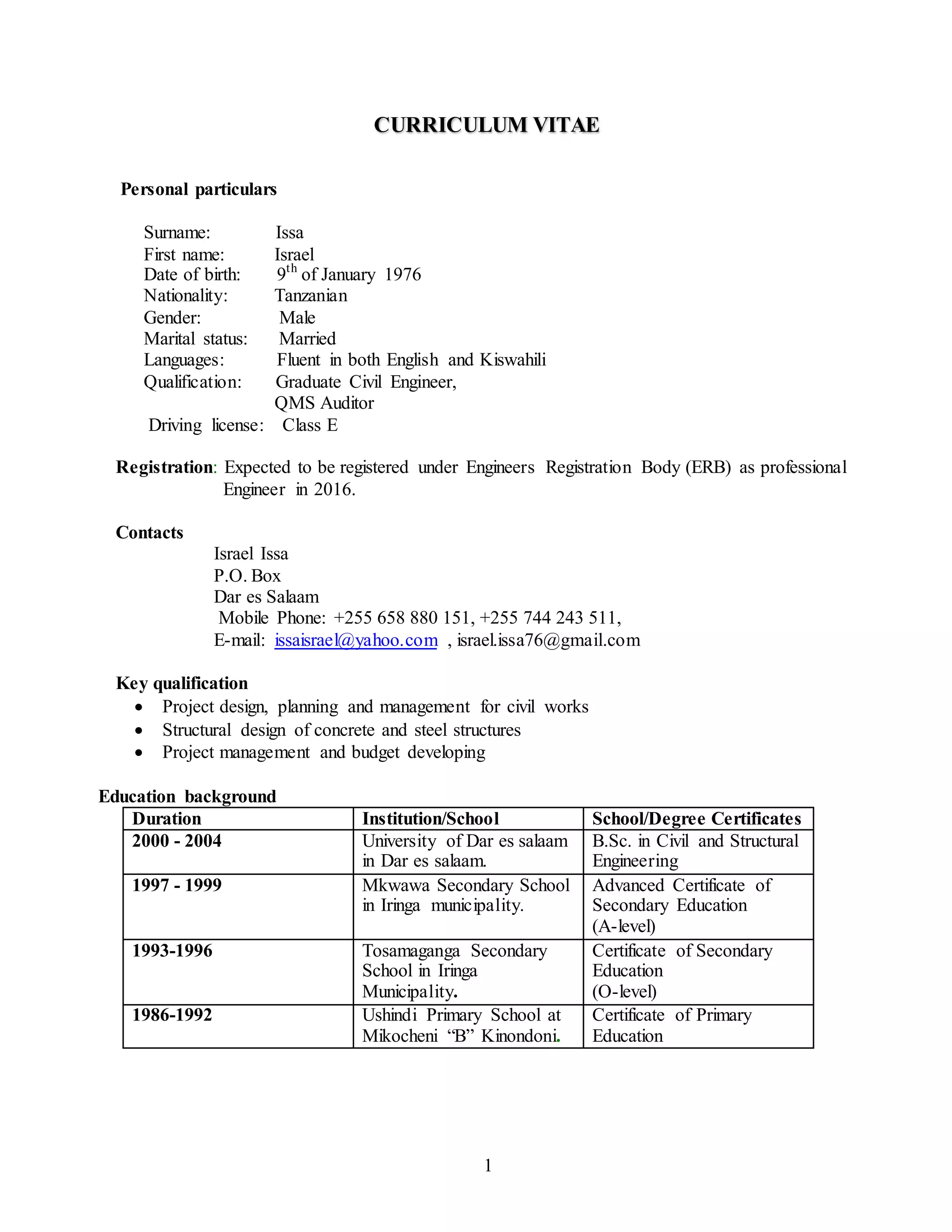 Israel_Issa.CVdocx | DOCX | Civil Engineering Industry | Industries
